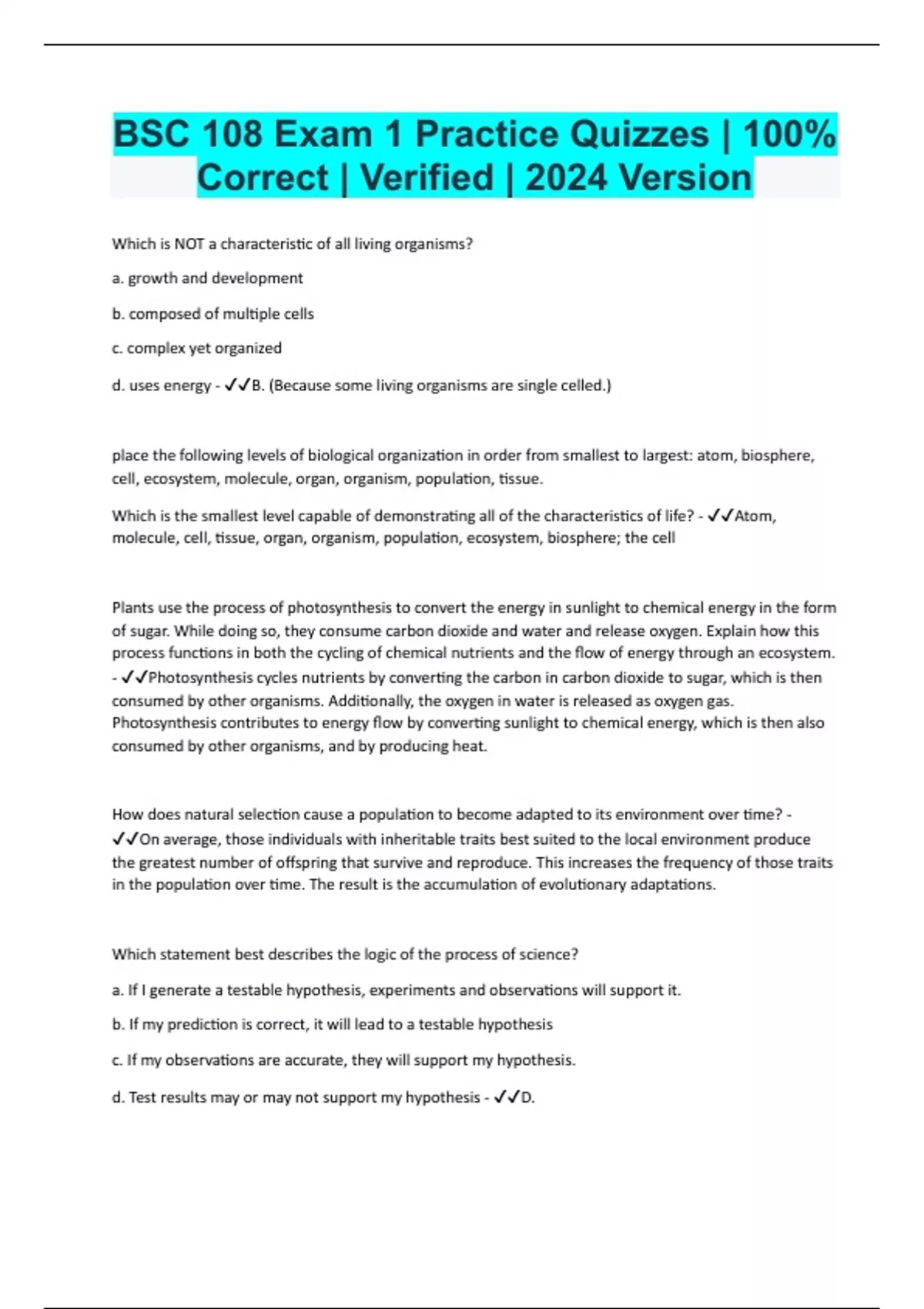 BSC 108 Exam 1 Practice Quizzes | 100% Correct | Verified | 2024 ...