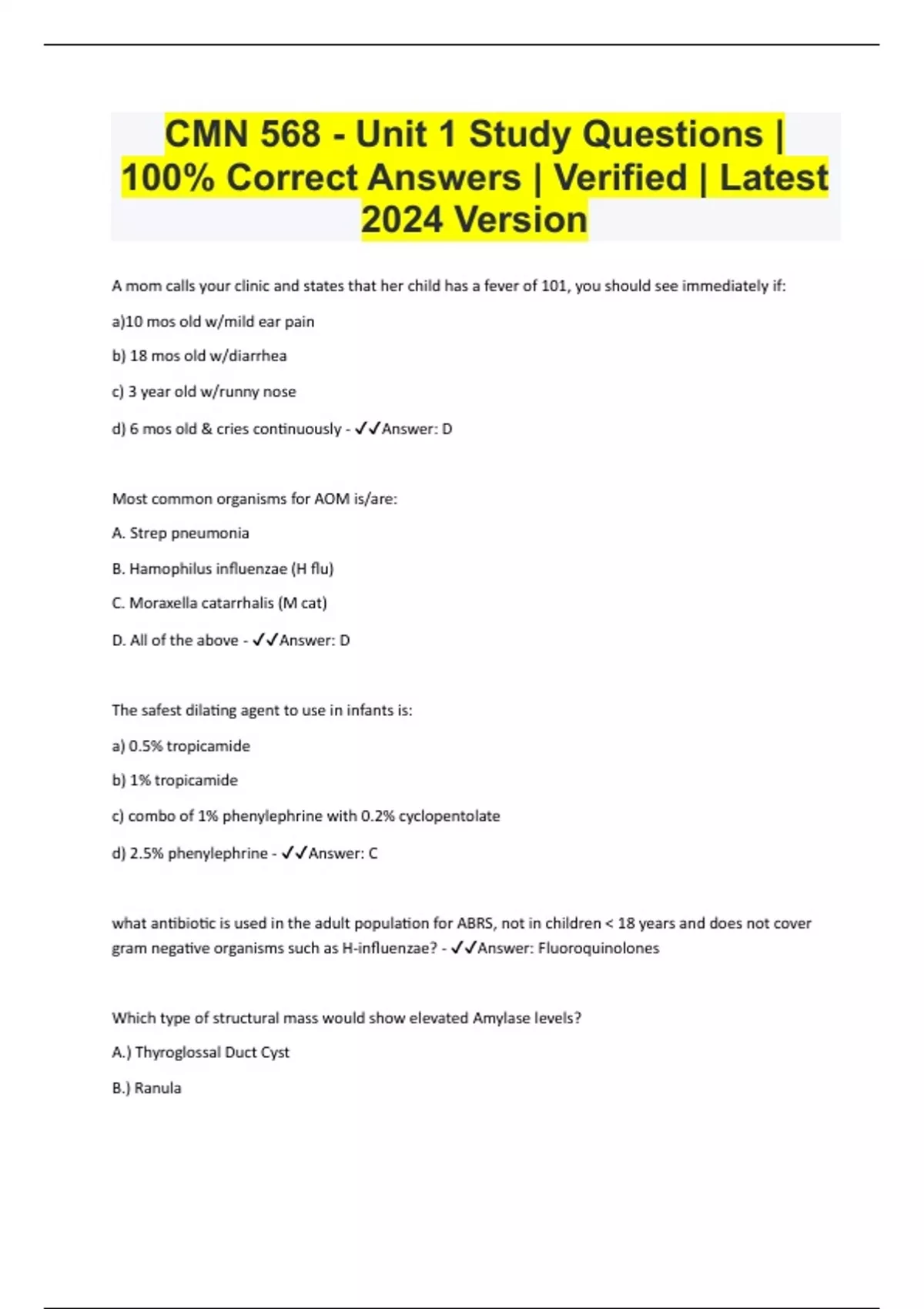 CMN 568 - Unit 1 Study Questions | 100% Correct Answers | Verified ...