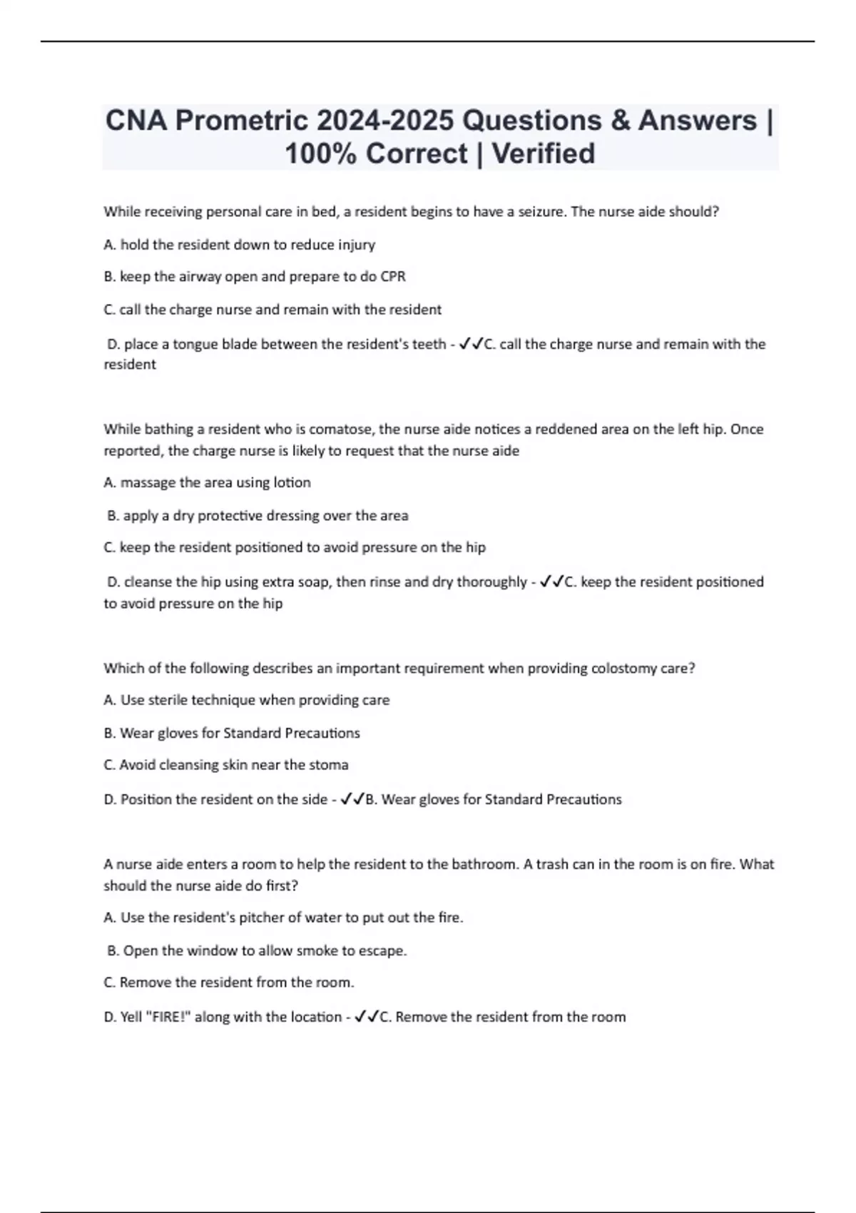 CNA Prometric Questions & Answers | 100% Correct | Verified - CNA ...
