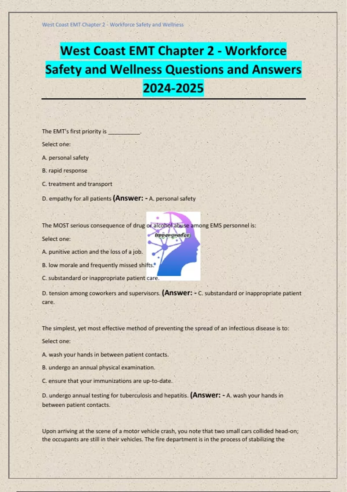 West Coast EMT Chapter 2 - Workforce Safety and Wellness Questions and Answers - EMT Chapter 2 ...