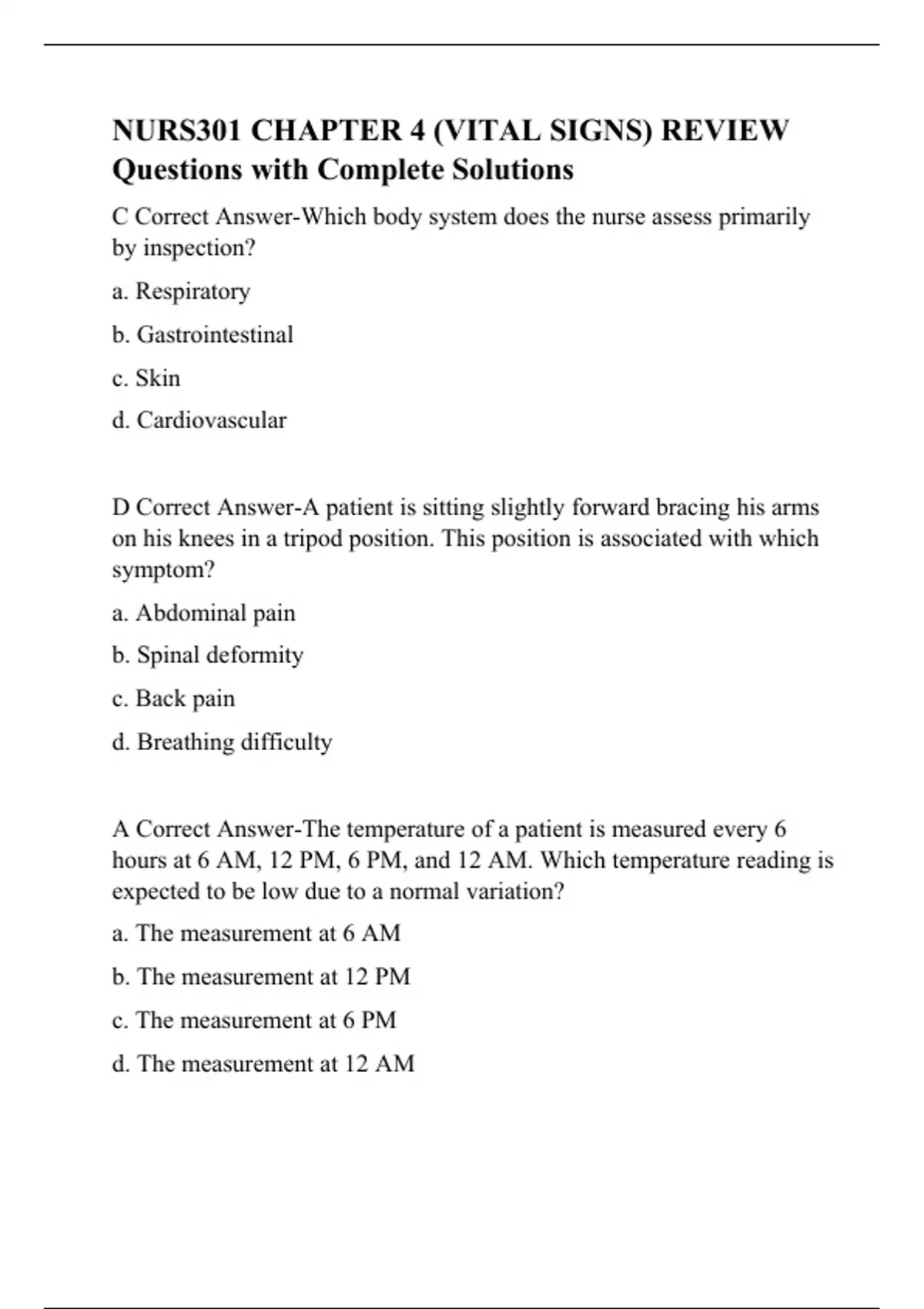 NURS301 CHAPTER 4 (VITAL SIGNS) REVIEW Questions with Complete ...