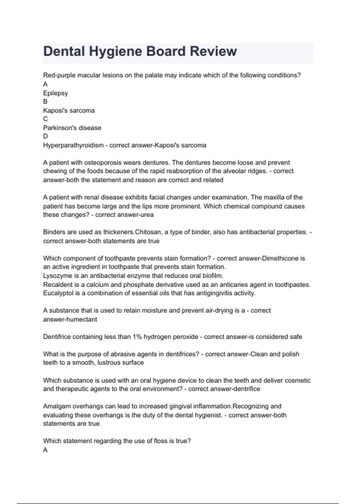 Dental Hygiene Board Review with complete solution - Dental Hygiene ...