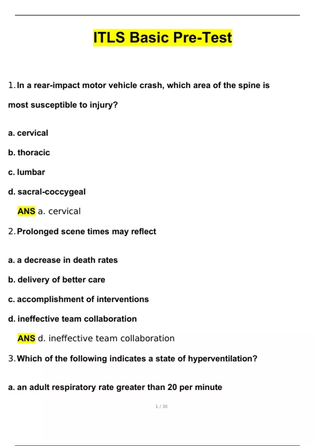 ITLS Basic Pre-Test 2024 Questions with 100% Correct Answers | Updated ...