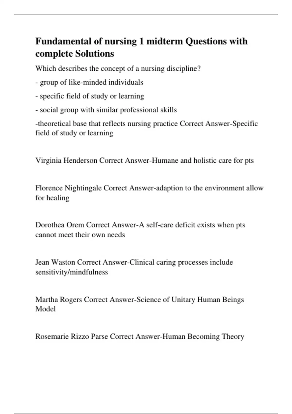 Fundamental of nursing 1 midterm Questions with complete Solutions ...