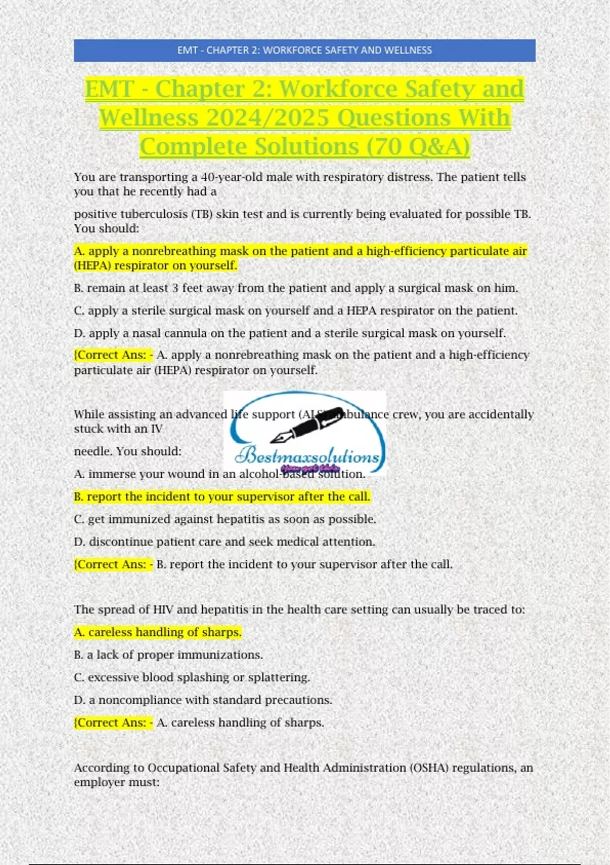 EMT - Chapter 2: Workforce Safety and Wellness 2024/2025 Questions With Complete Solutions (70 Q ...