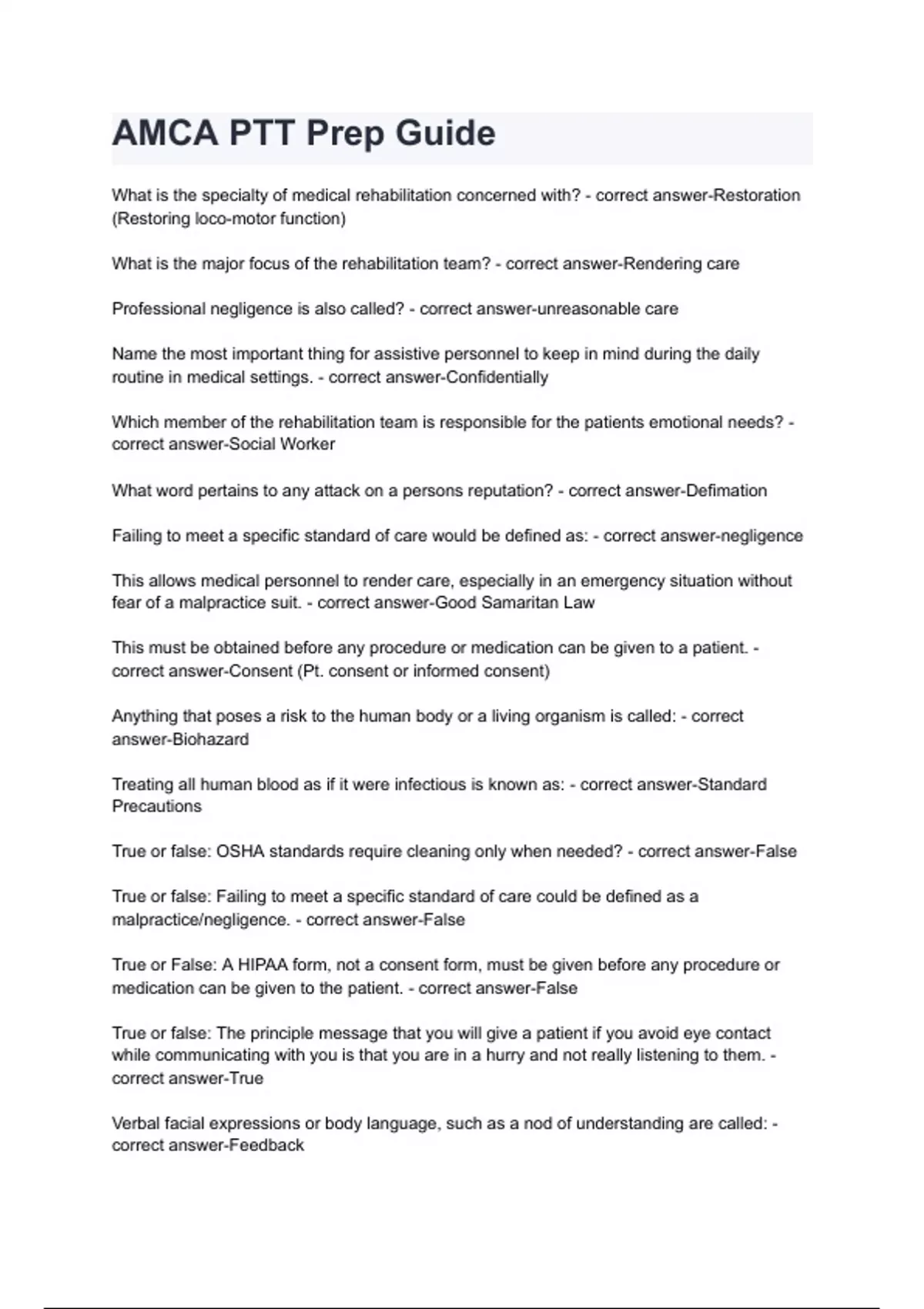 AMCA PTT Prep Guide with complete solution - AMCA PTT - Stuvia US