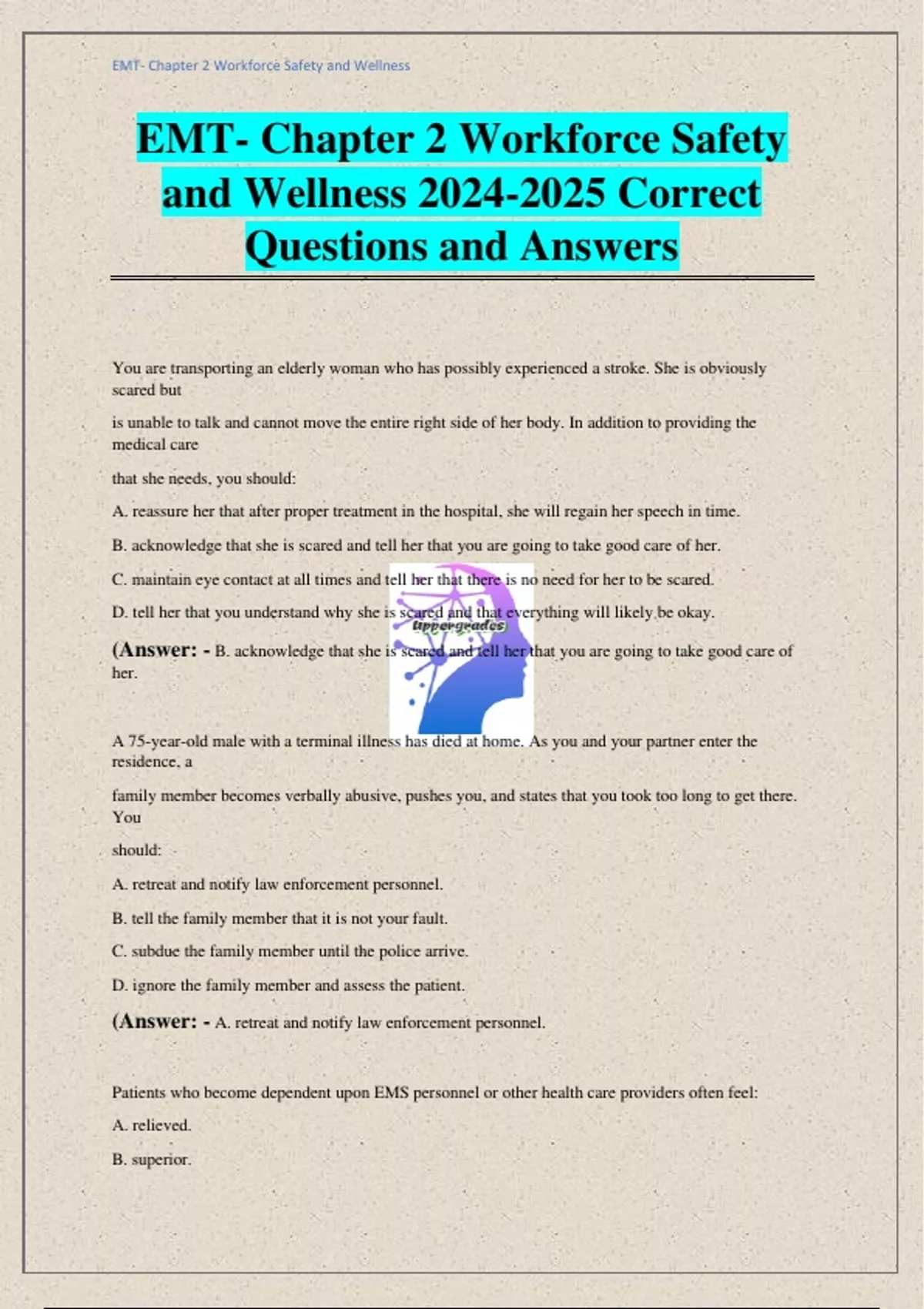 Emt Chapter 2 Workforce Safety And Wellness Correct Questions And Answers Emt Chapter 2