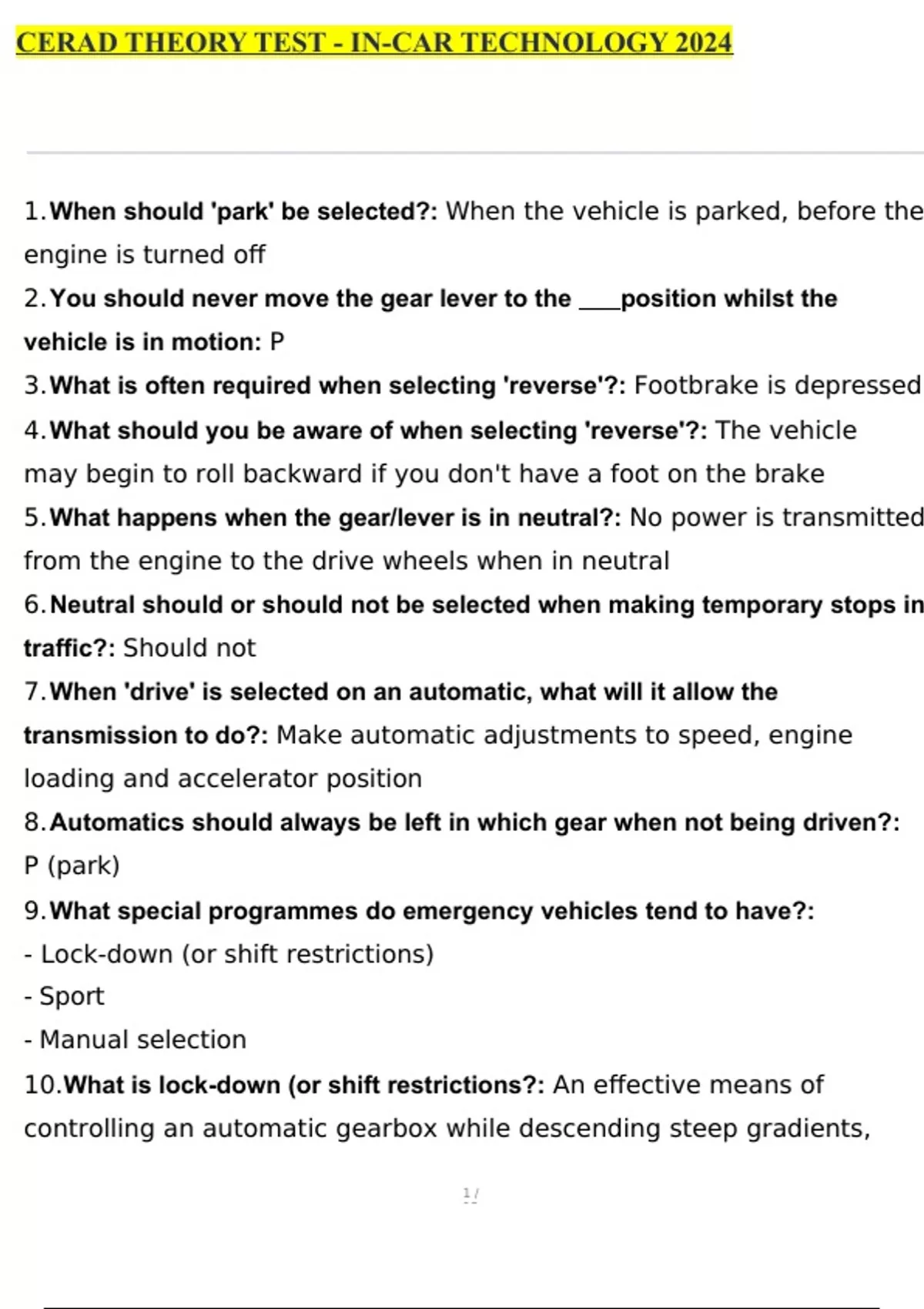CERAD THEORY TEST - IN-CAR TECHNOLOGY - CERAD - Stuvia US