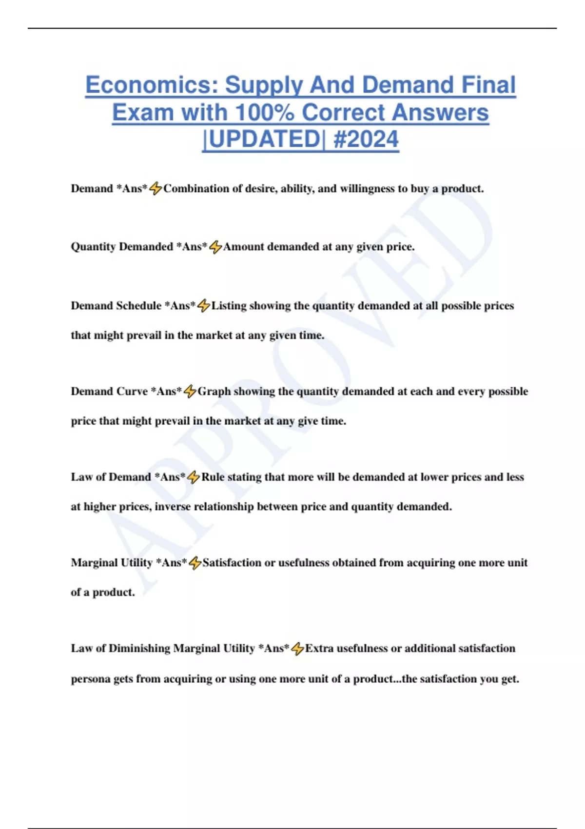 Economics: Supply And Demand Final Exam with 100% Correct Answers ...