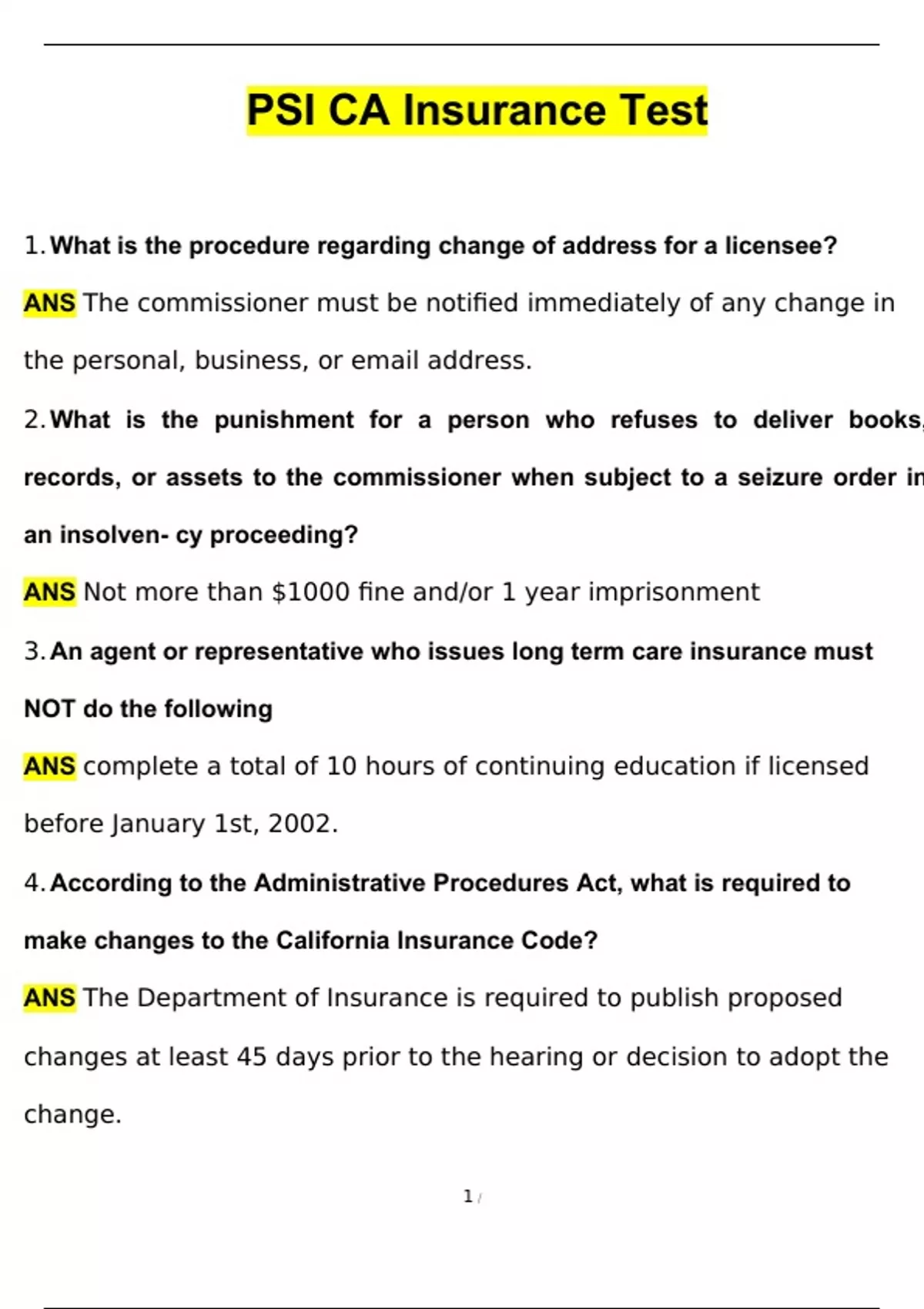 PSI CA Insurance Test 2024 Questions with 100% Correct Answers ...
