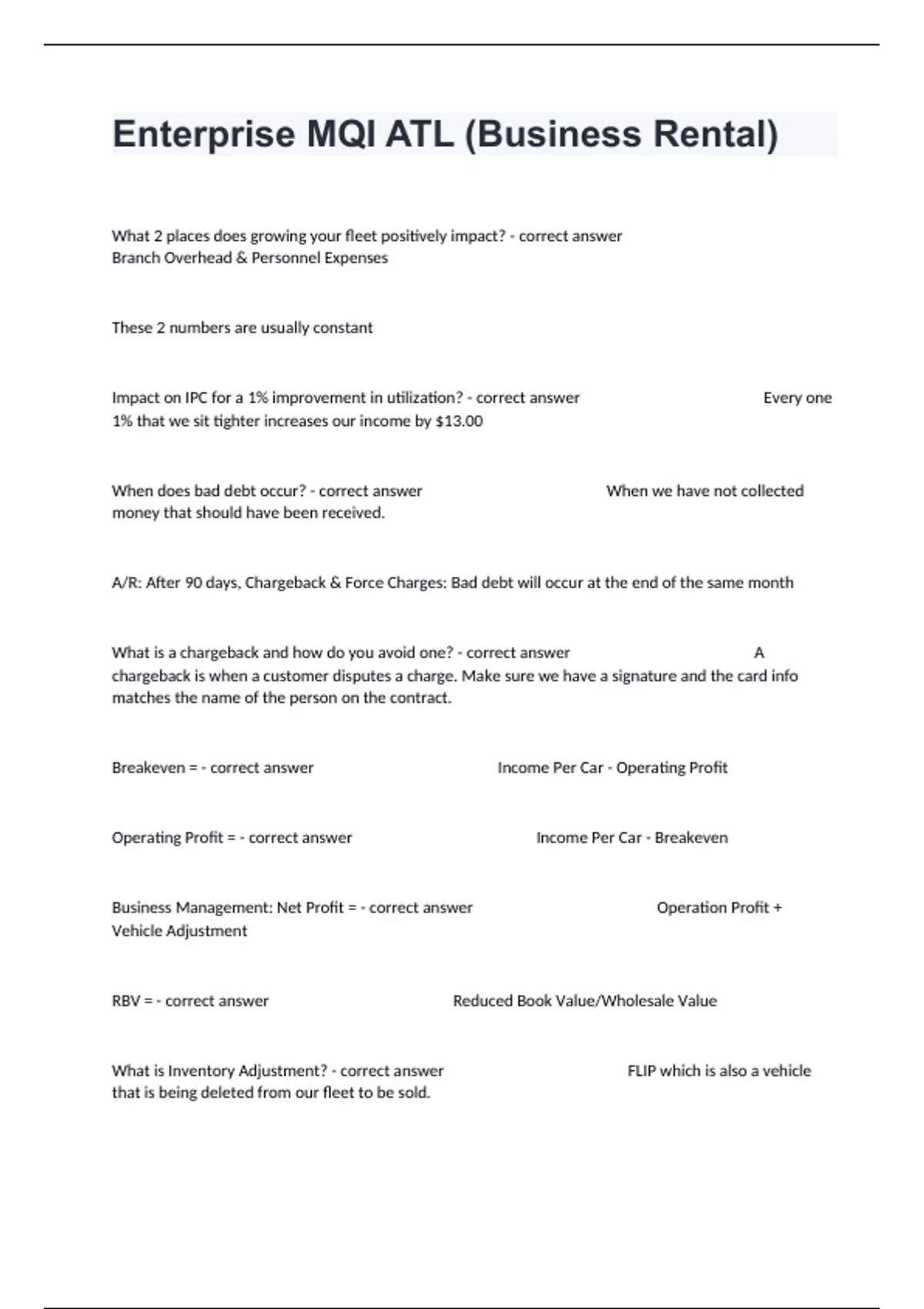 Enterprise MQI ATL (Business Rental) Questions With All Complete ...