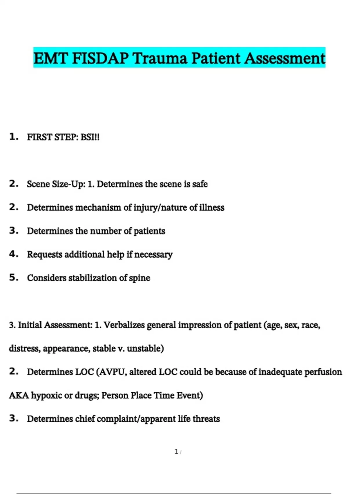 EMT FISDAP Trauma Patient Assessment QUESTIONS AND VERIFIED ANSWERS ...