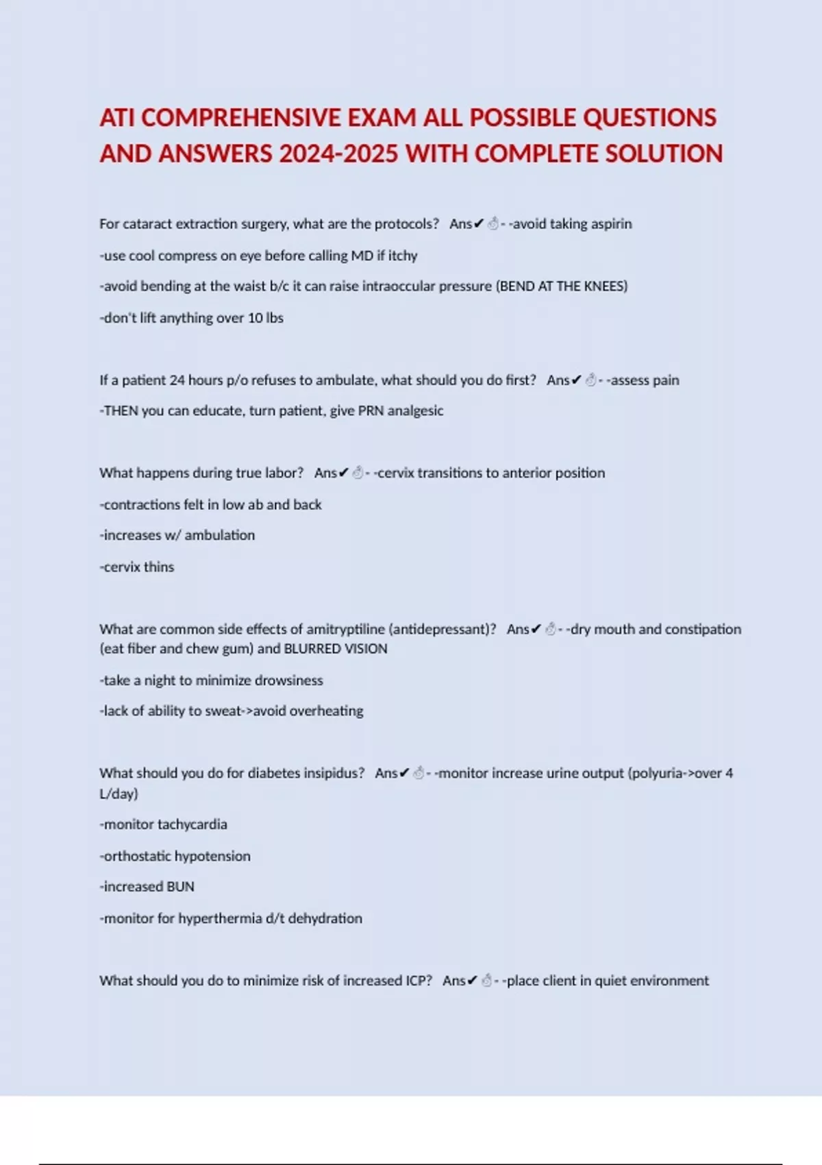 ATI COMPREHENSIVE EXAM ALL POSSIBLE QUESTIONS AND ANSWERS WITH COMPLETE ...