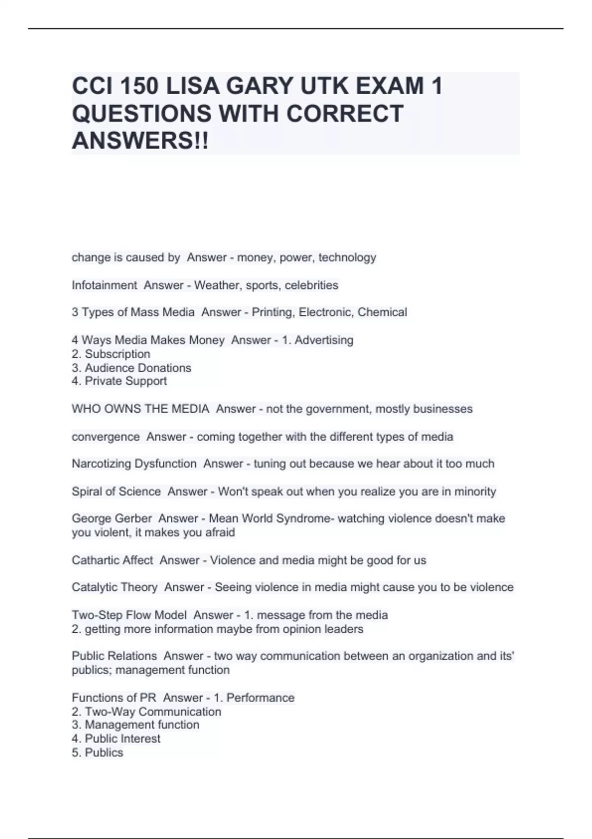 CCI 150 LISA GARY UTK EXAM 1 QUESTIONS WITH CORRECT ANSWERS!! - CCI 150 ...