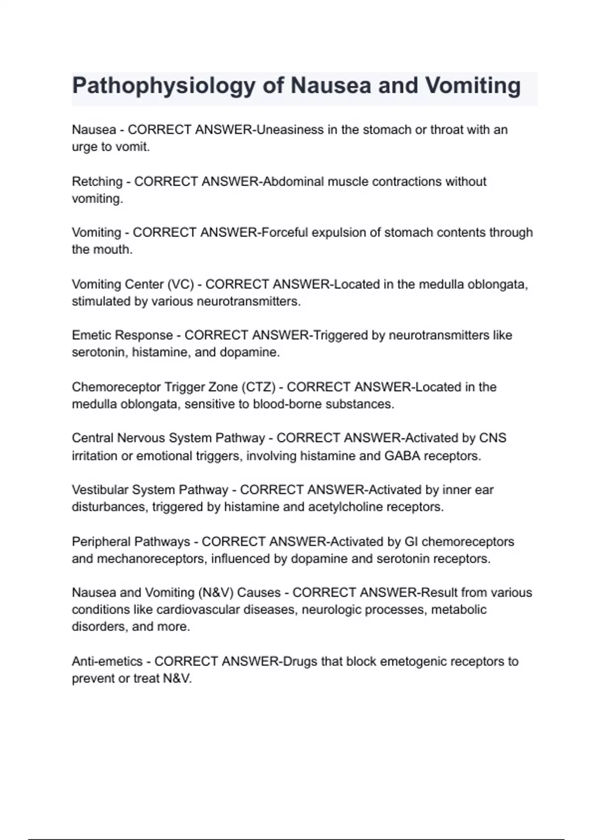 Pathophysiology of Nausea and Vomiting - Beed - Stuvia US