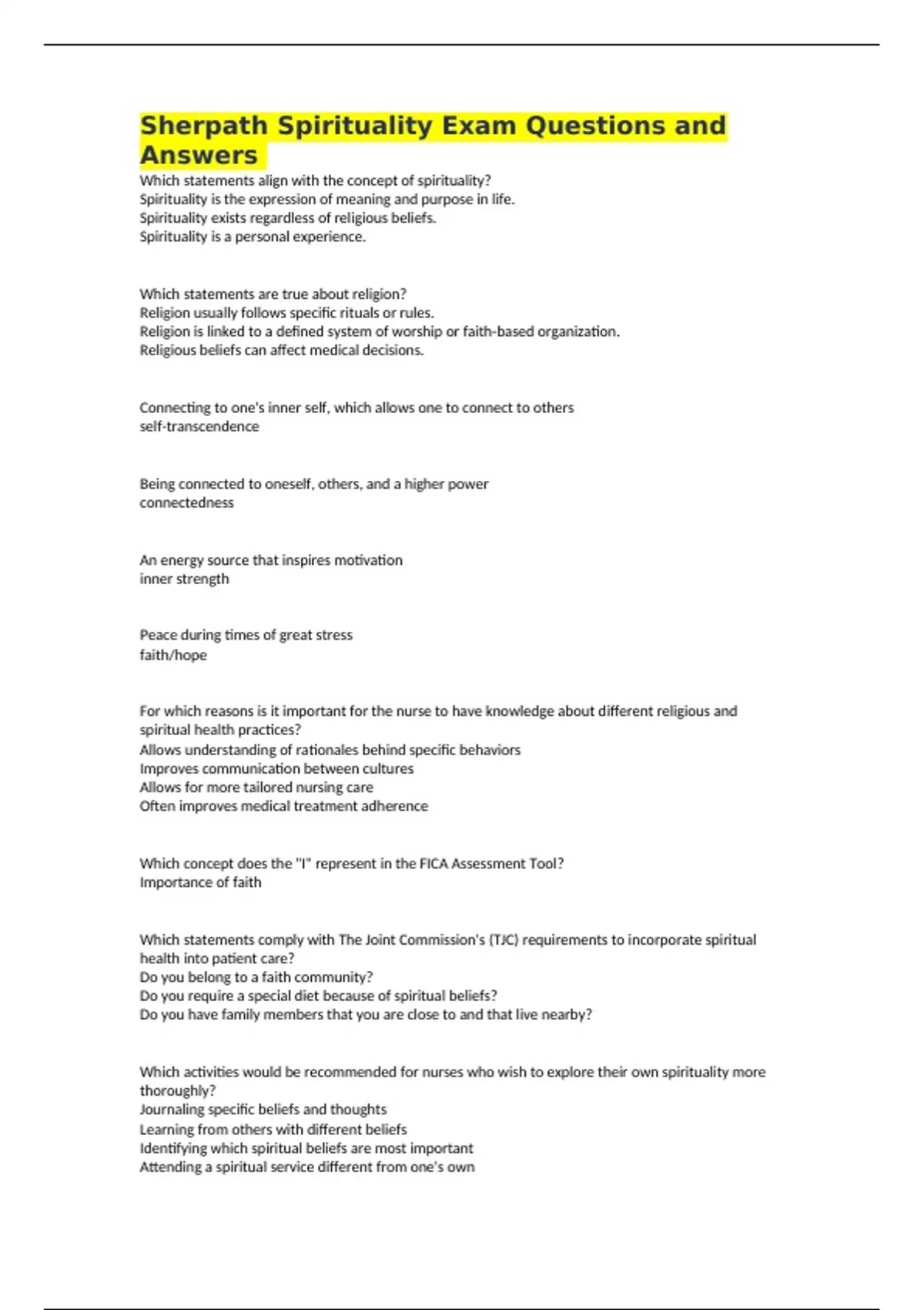 Sherpath Spirituality Exam Questions and Answers - Sherpath - Stuvia US