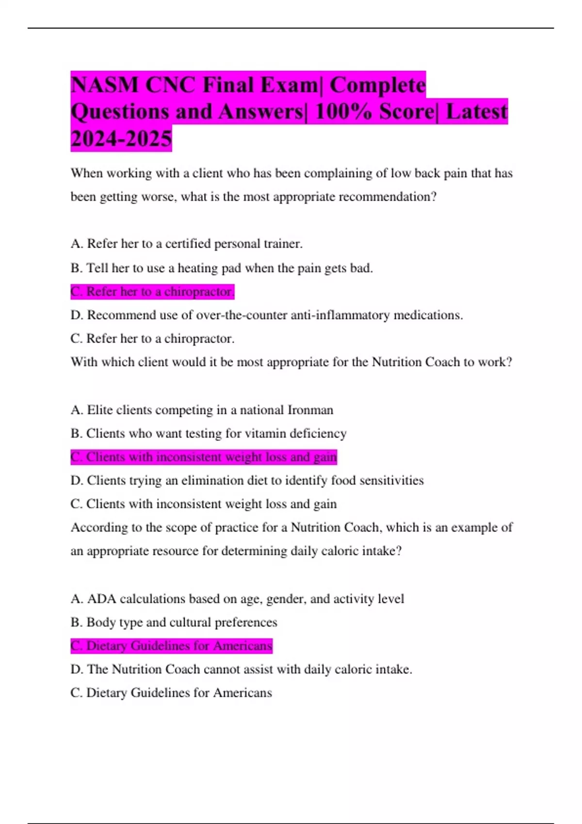 NASM CNC Final Exam (2 versions)|NASM CNC Exam (2 versions)|NASM-CNC Exam|NASM- CNC FINAL EXAM ...