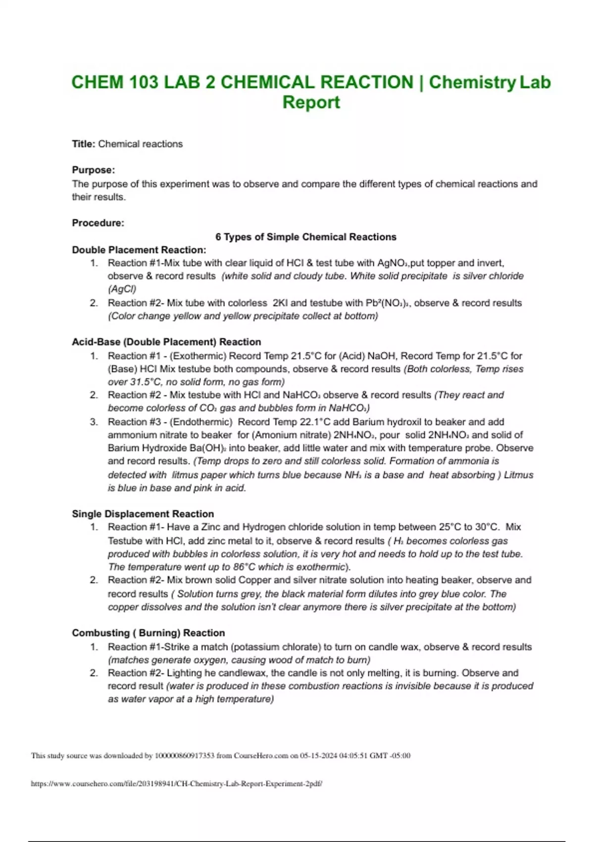 CHEM 103 LAB 2 CHEMICAL REACTION | Chemistry Lab Report - CHEM 103 ...