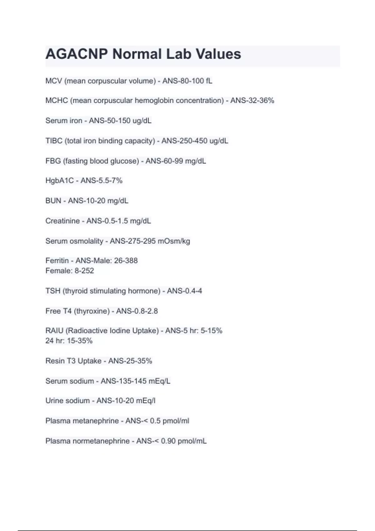 AGACNP Normal Lab Values with complete solution - AGACNP - Stuvia US