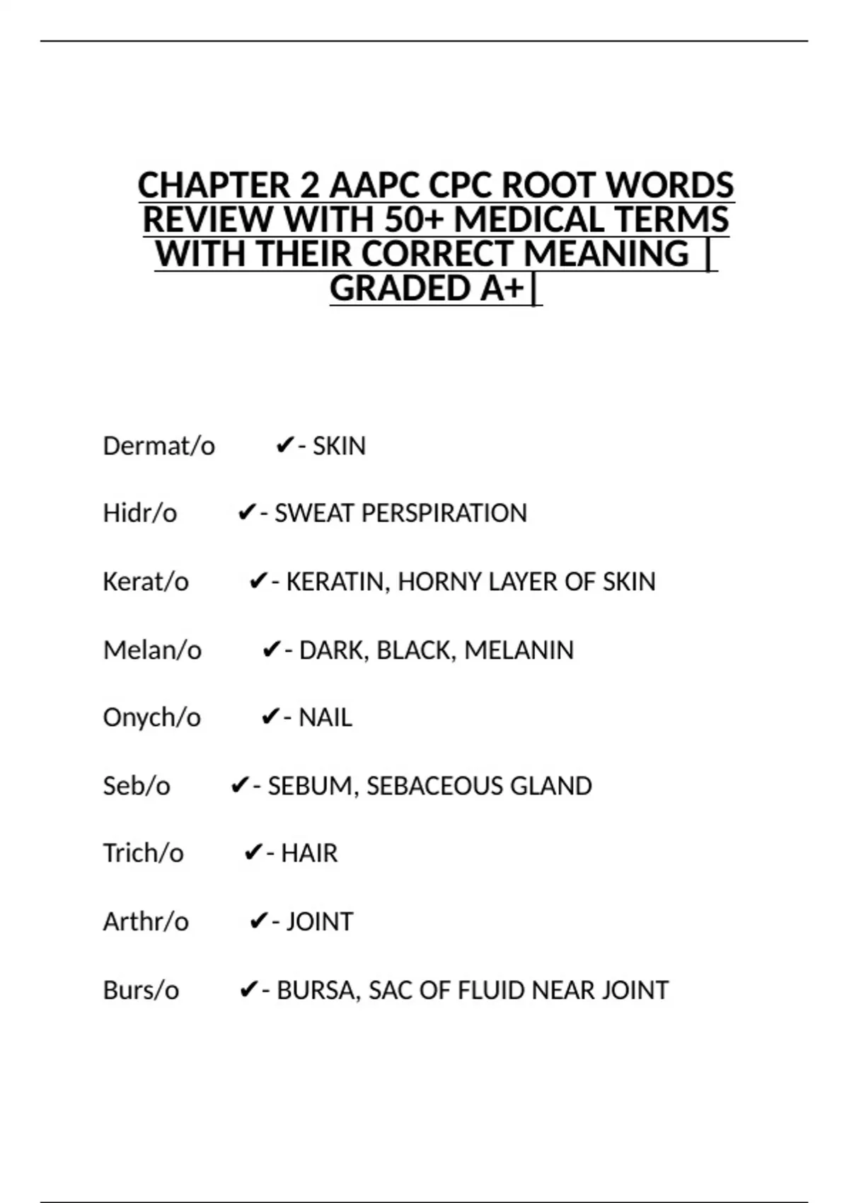 CHAPTER 2 AAPC CPC ROOT WORDS REVIEW WITH 50+ MEDICAL TERMS WITH THEIR ...