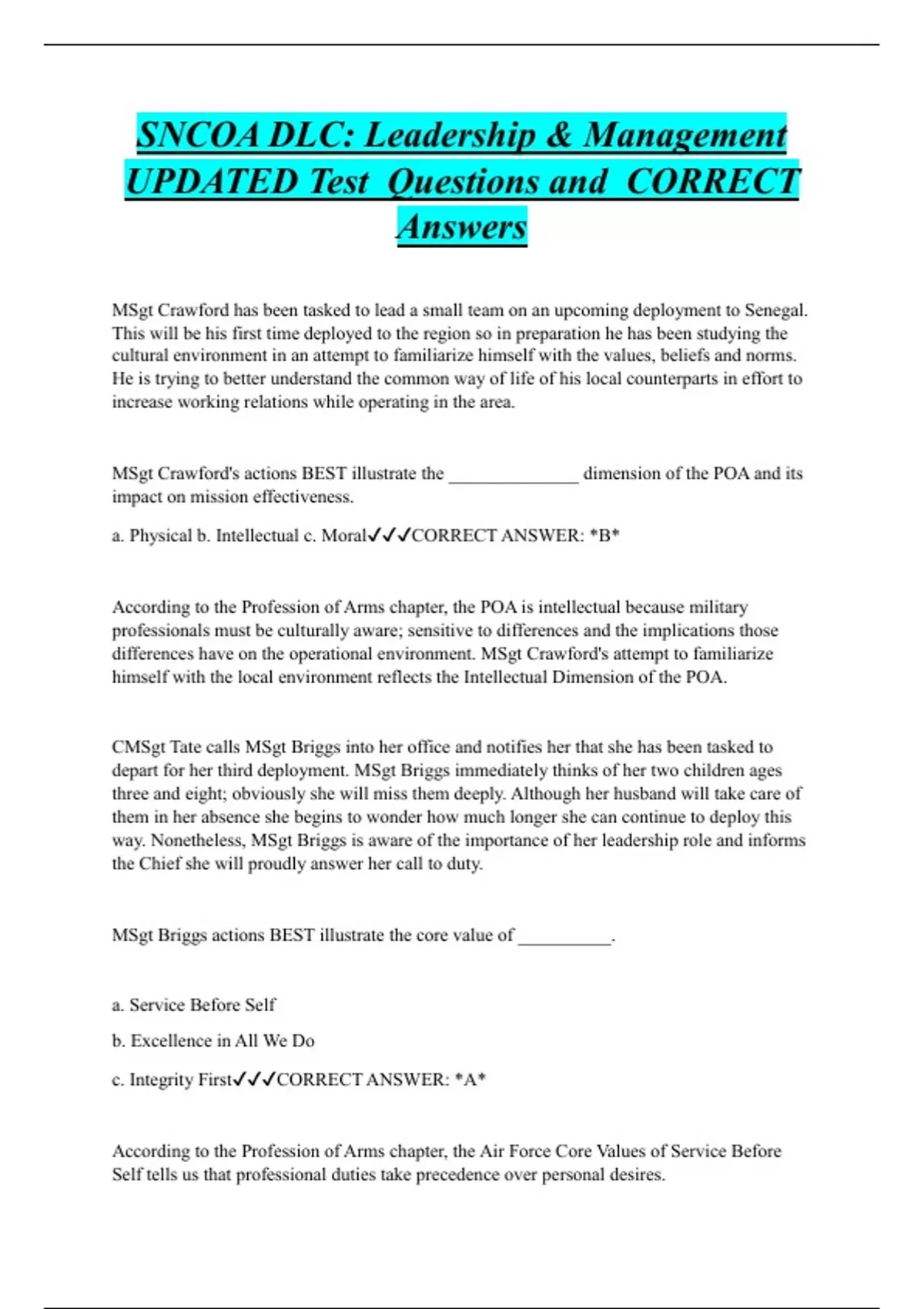 SNCOA DLC: Leadership & Management UPDATED Test Questions and CORRECT ...