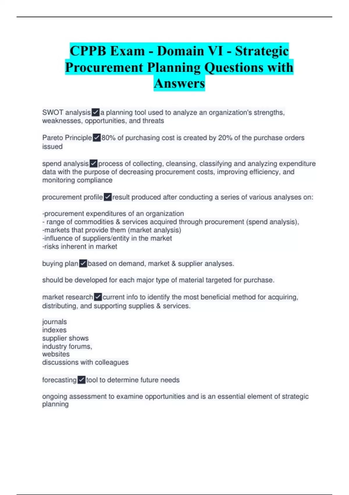 Cppb Exam Domain Vi Strategic Procurement Planning Questions With Answers Cppb Stuvia Us