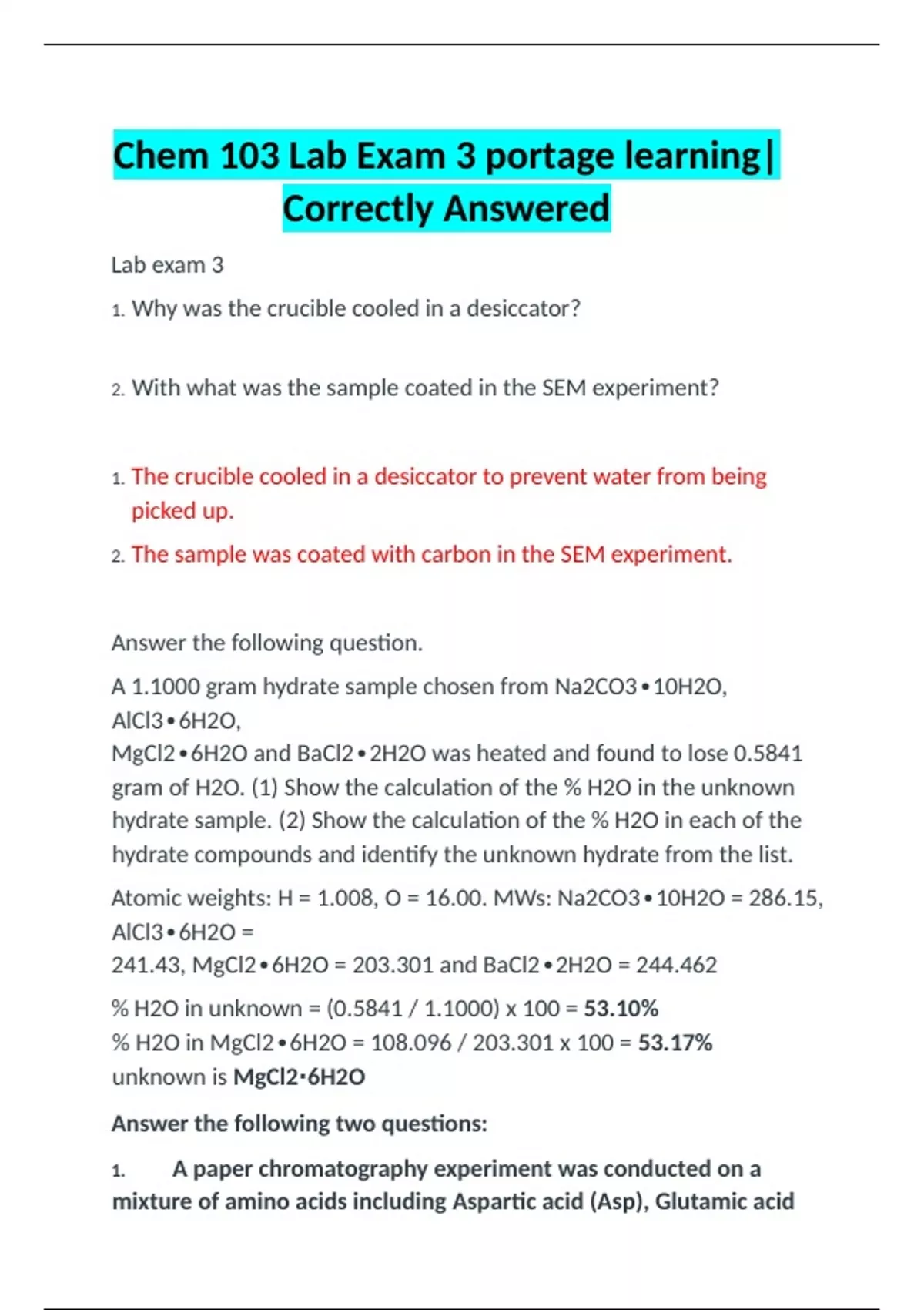 Chem 103 Lab Exam 3 portage learning| Correctly Answered - CHEM 103 - Stuvia US