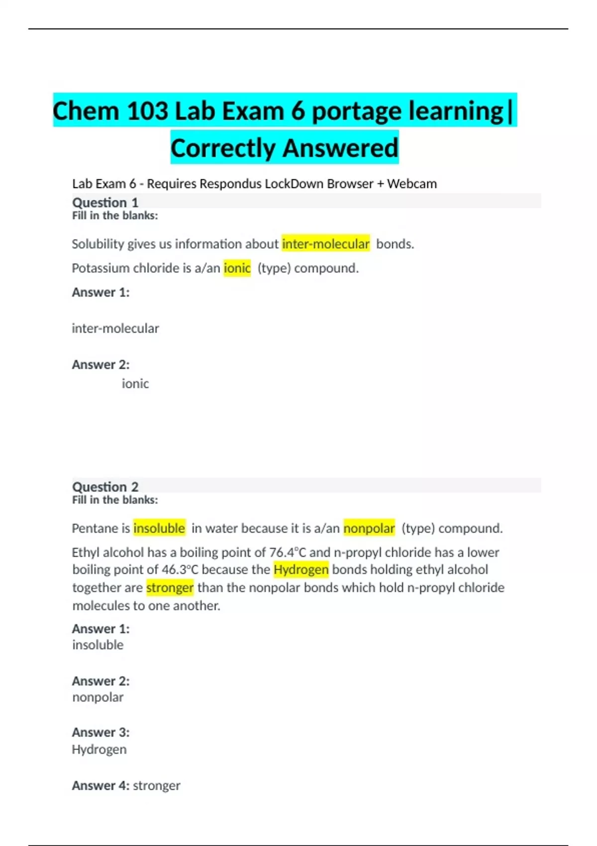 Chem 103 Lab Exam 6 portage learning| Correctly Answered - CHEM 103 Chemistry - Stuvia US