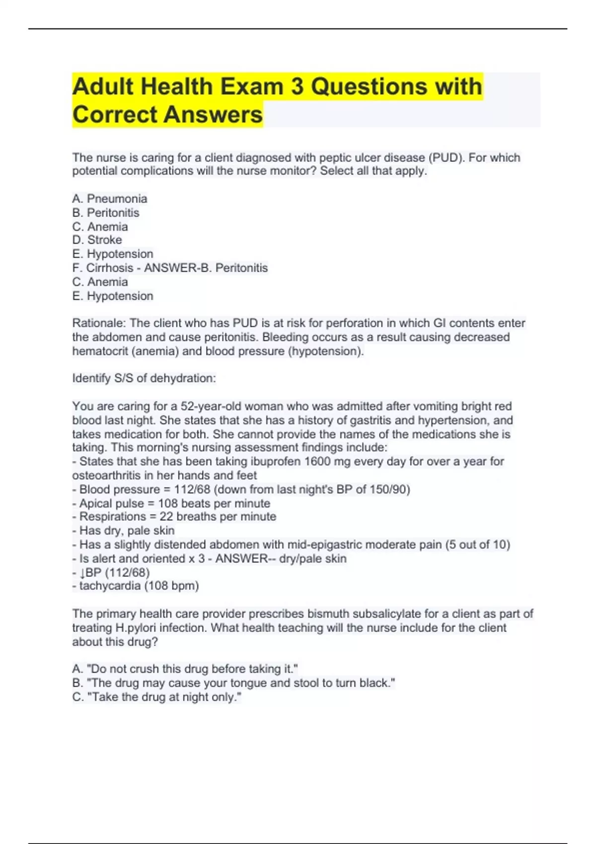 Adult Health Exam 3 Questions with Correct Answers - Adult Health ...