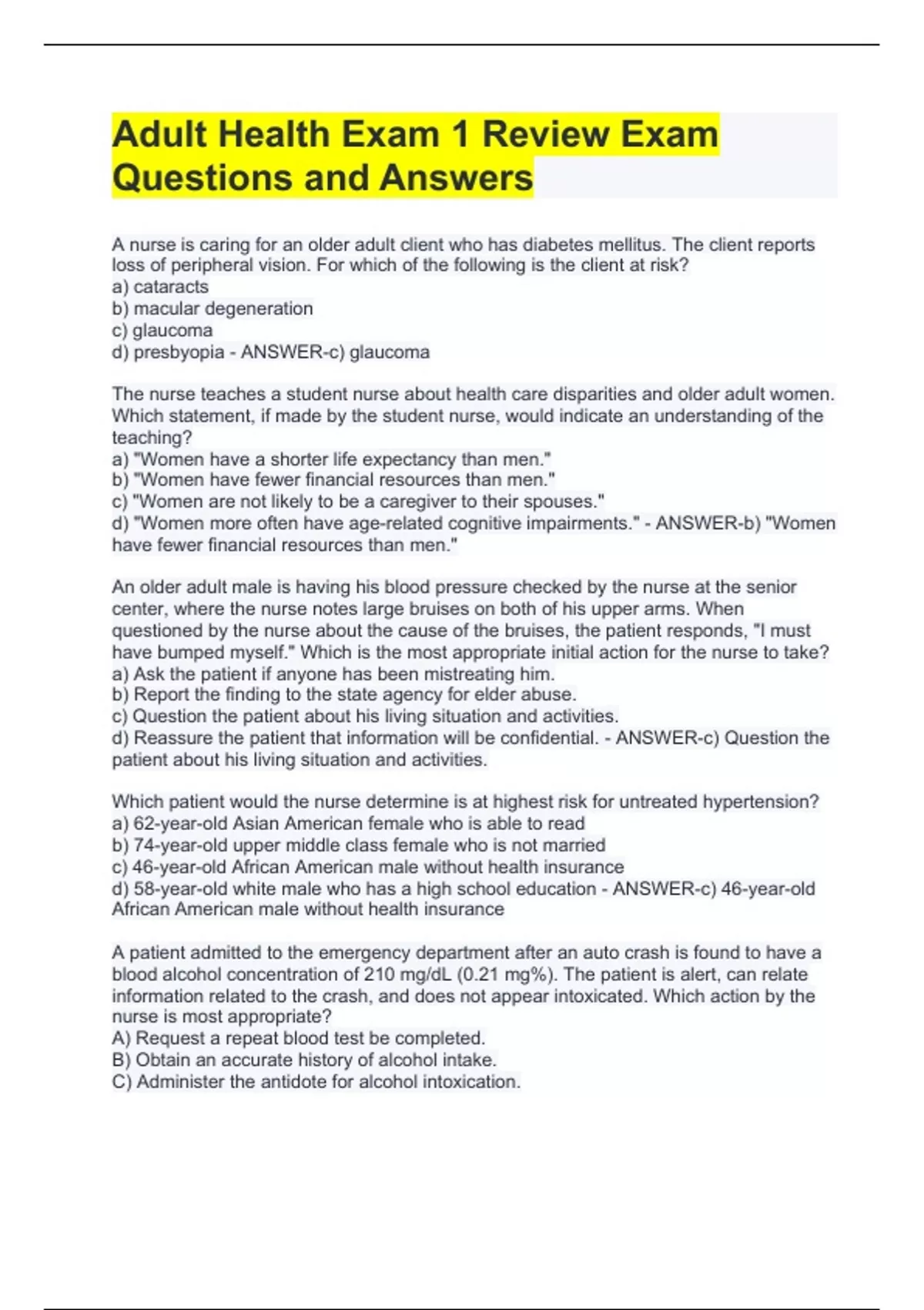 Adult Health Exam 1 Review Exam Questions and Answers - Adult Health ...