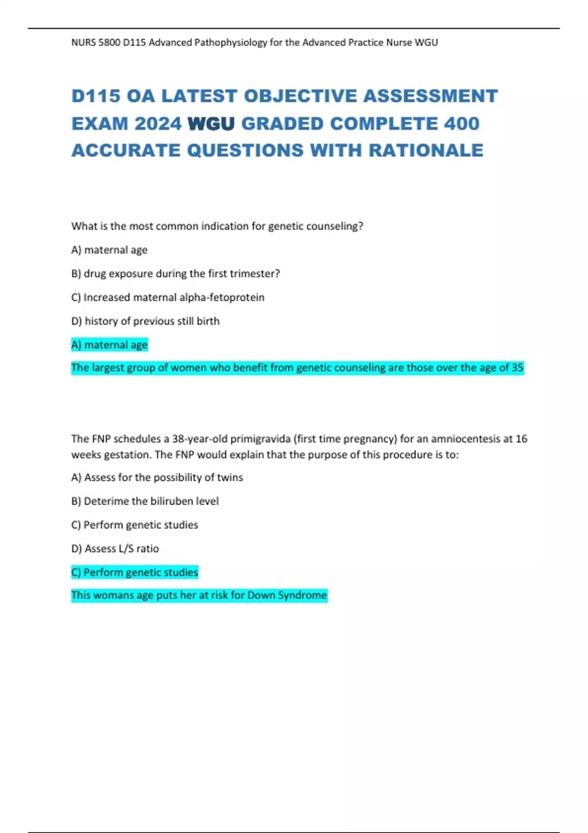 D115 OA LATEST OBJECTIVE ASSESSMENT EXAM 2024 WGU GRADED COMPLETE 400 ...