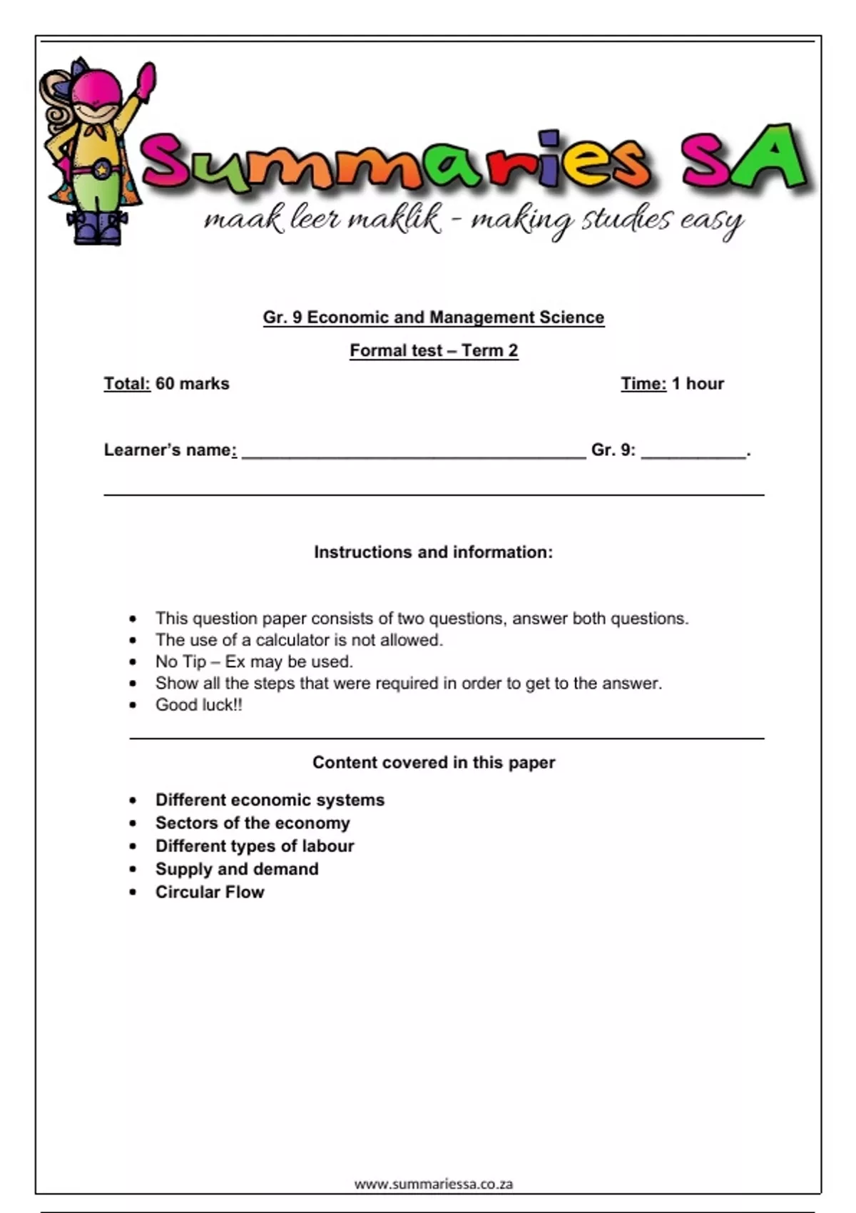 Grade 9 Economic and Management Science (EMS) (Economics) June Paper 1 ...