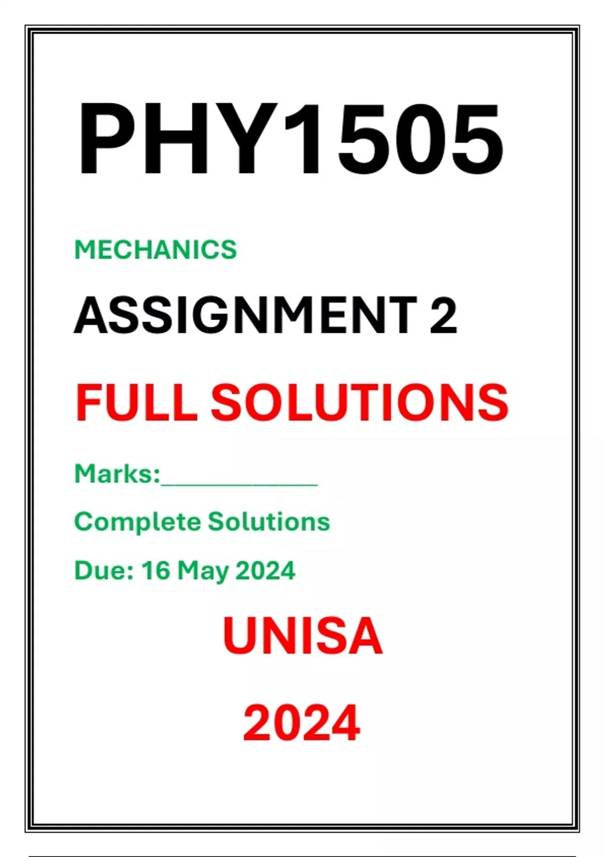 PHY1505 ASSIGNMENT 2 COMPLETE SOLUTIONS UNISA 2024 MECHANICS - PHY1505 ...
