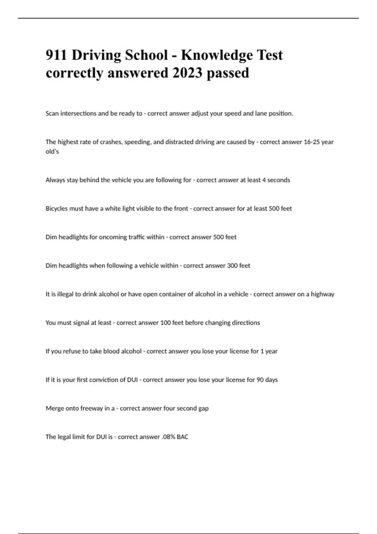 911 Driving School - Knowledge Test correctly answered 2023/2024 passed ...