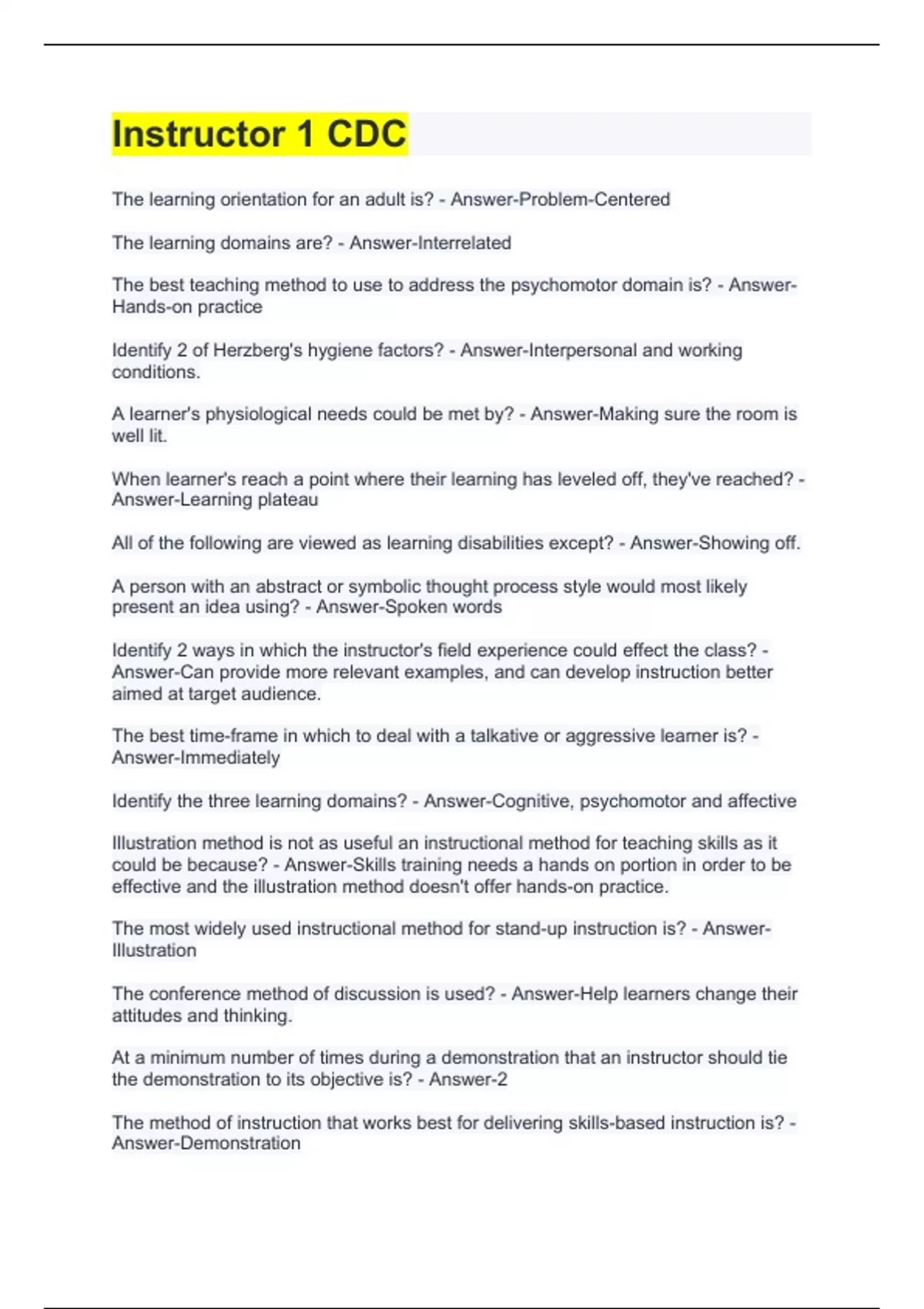 Instructor 1 CDC Questions and Answers - Instructor 1 CDC - Stuvia US