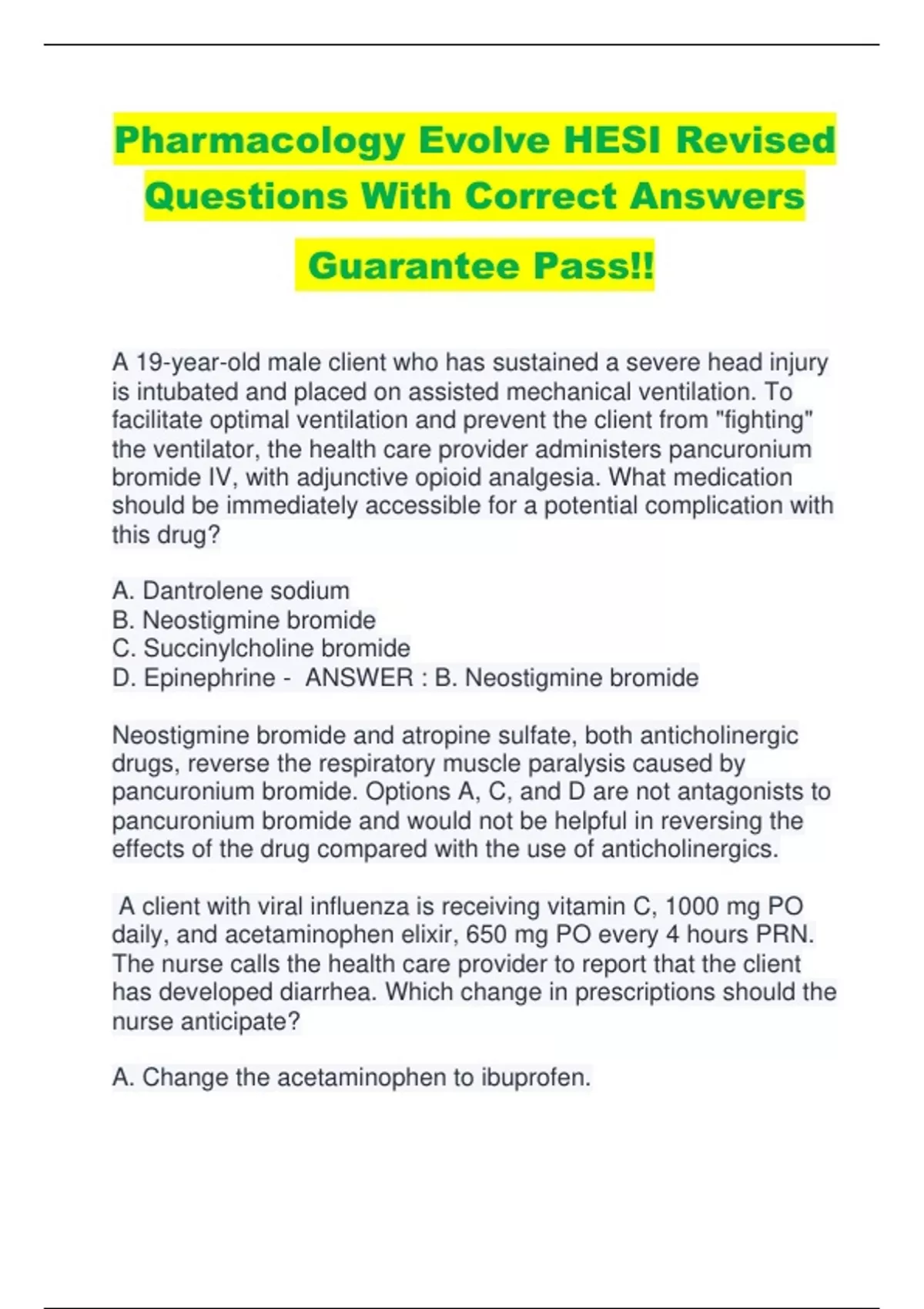 Pharmacology Evolve HESI Revised Questions With Correct Answers ...
