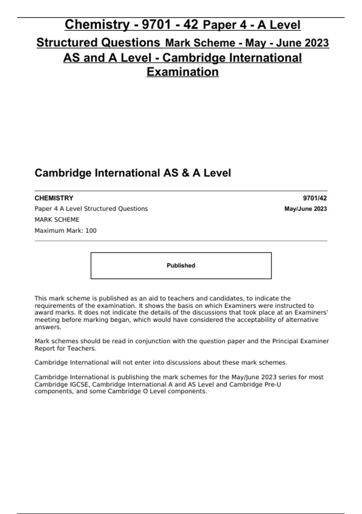 Chemistry - 9701 - 42 Paper 4 - A Level Structured Questions Mark Scheme - May - June 2023 AS ...