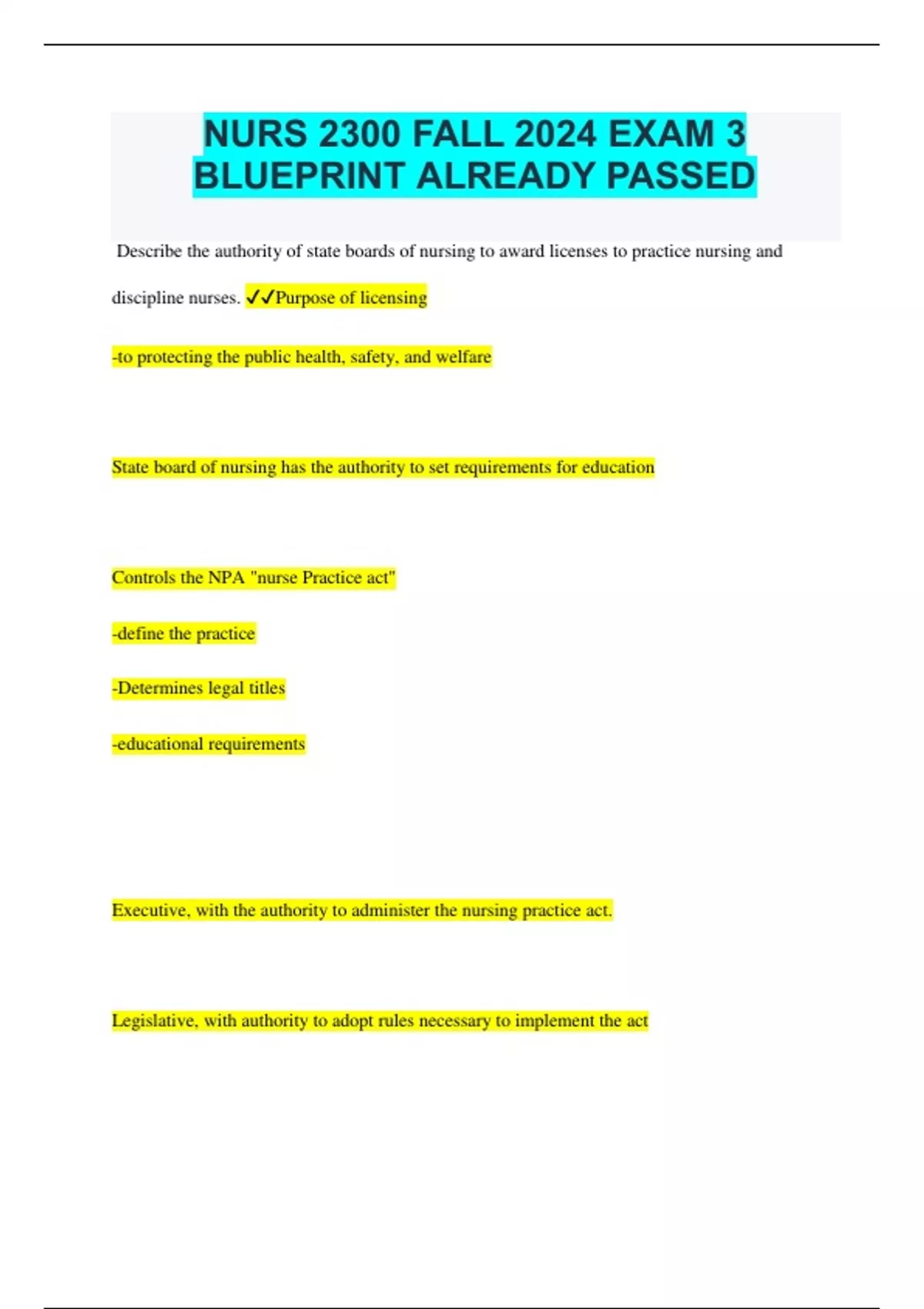 NURS 2300 FALL 2024 EXAM 3 BLUEPRINT ALREADY PASSED - NURS 2300 - Stuvia US