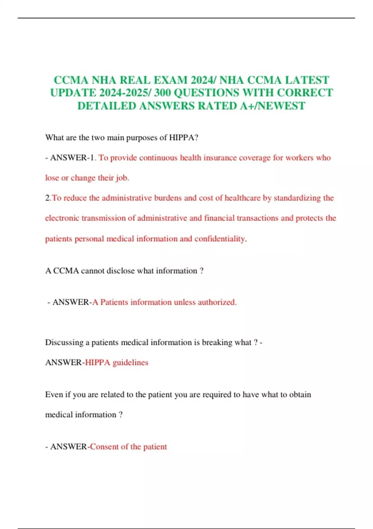 CCMA NHA REAL EXAM 2024/ NHA CCMA LATEST UPDATE / 300 QUESTIONS WITH ...