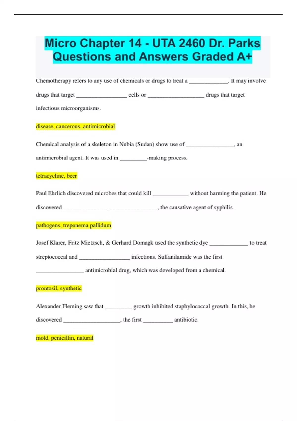 Micro Chapter 14 - UTA 2460 Dr. Parks Questions and Answers Graded A+ - Micro Chapter 14 - UTA ...