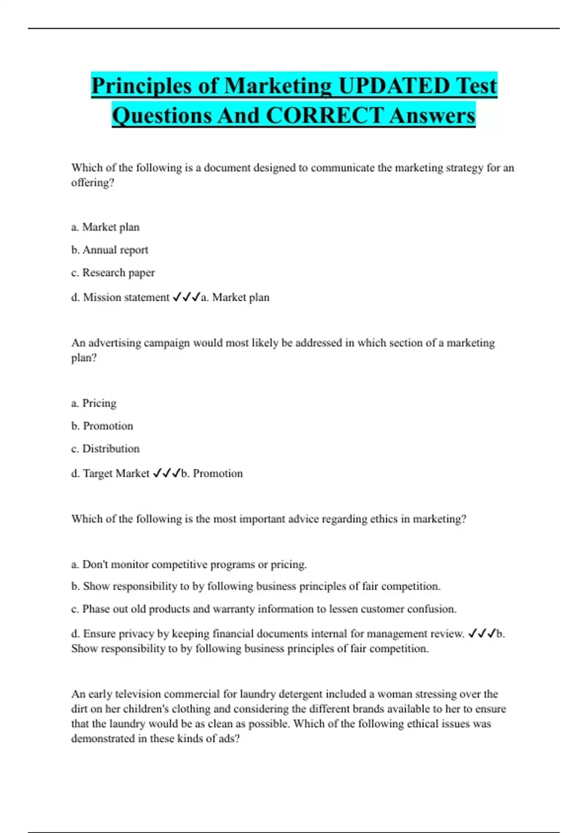 Principles of Marketing UPDATED Test Questions And CORRECT Answers ...