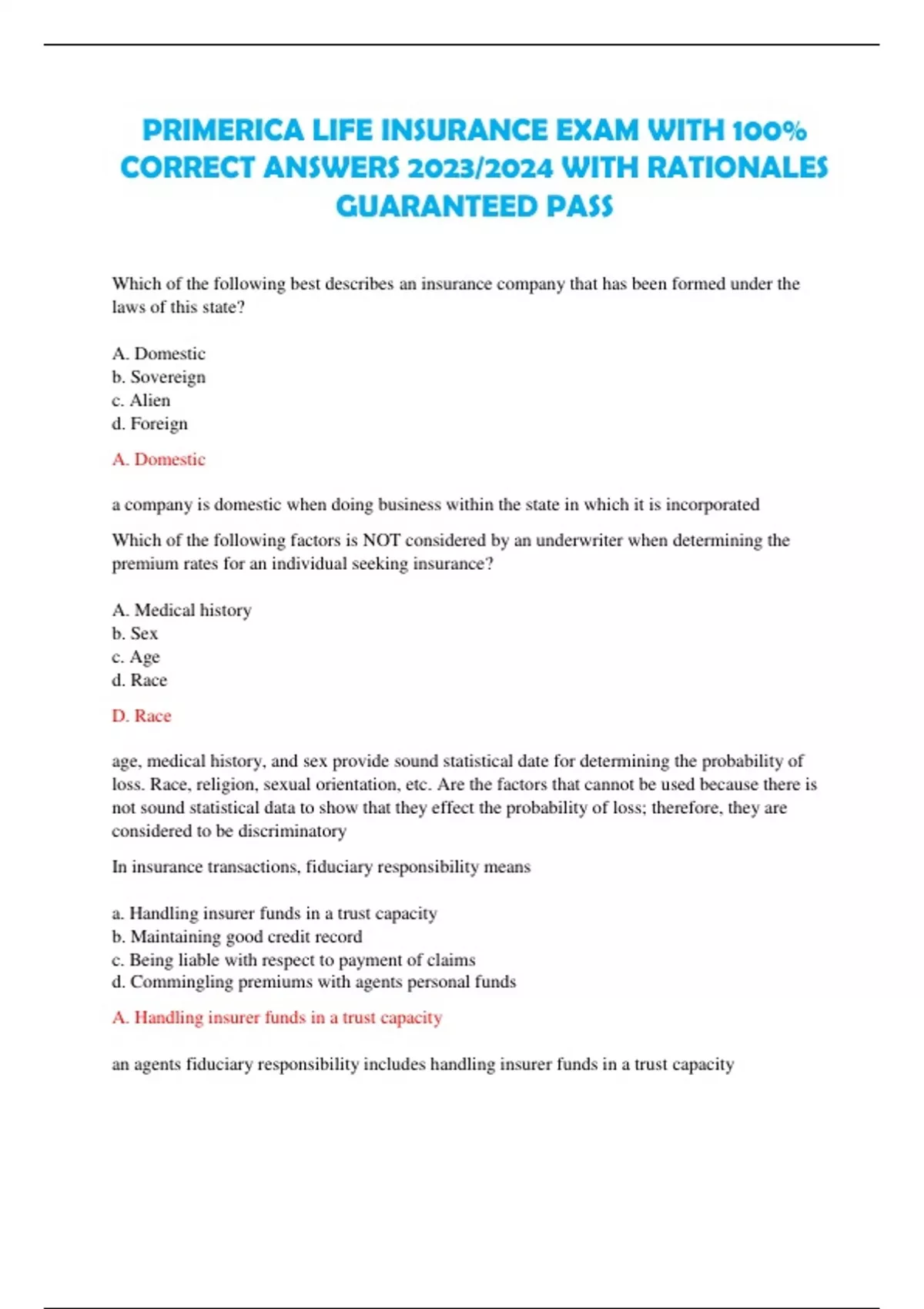 PRIMERICA LIFE INSURANCE EXAM WITH 100% CORRECT ANSWERS 2023/2024 WITH ...