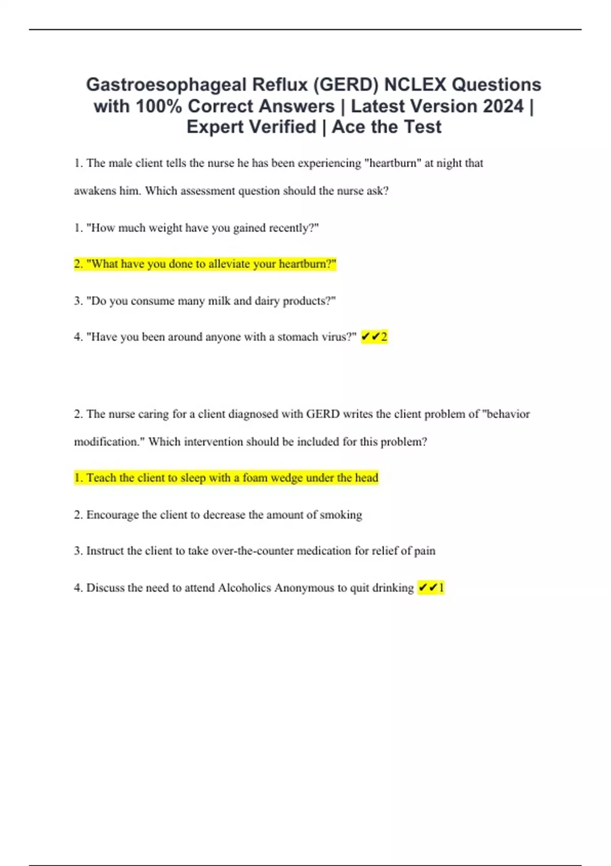 Gastroesophageal Reflux (GERD) NCLEX Questions with 100% Correct ...