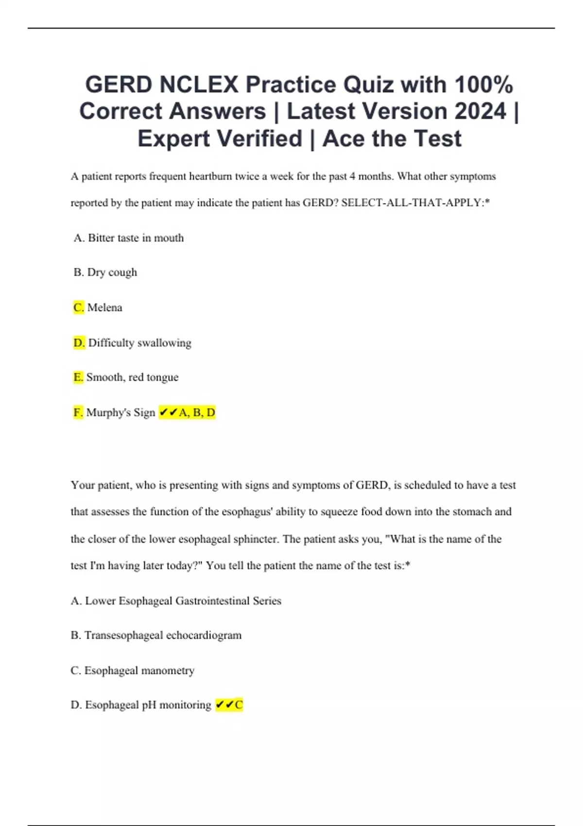 GERD NCLEX Practice Quiz with 100% Correct Answers | Latest Version ...