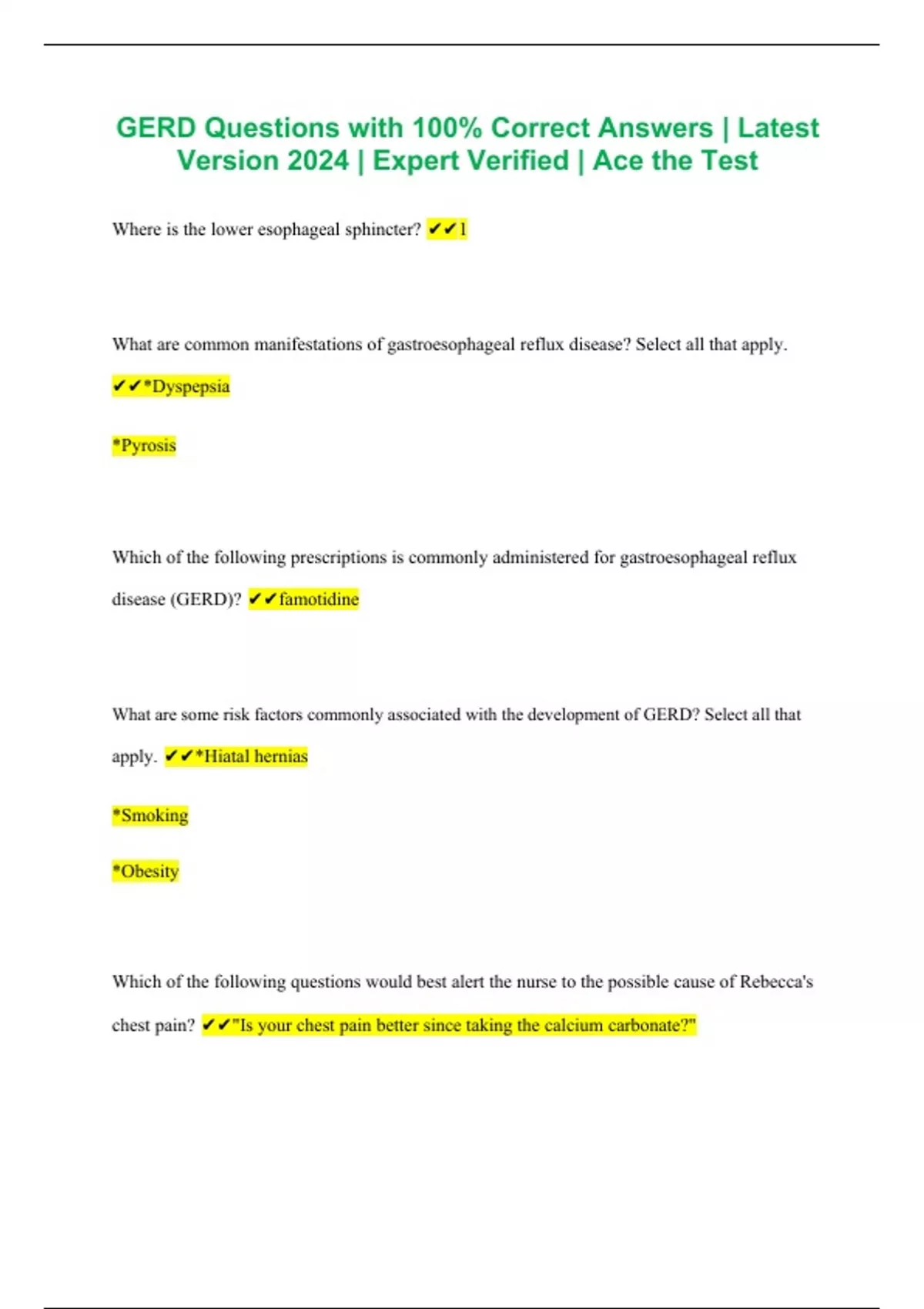 GERD Questions with 100% Correct Answers | Latest Version 2024 | Expert ...