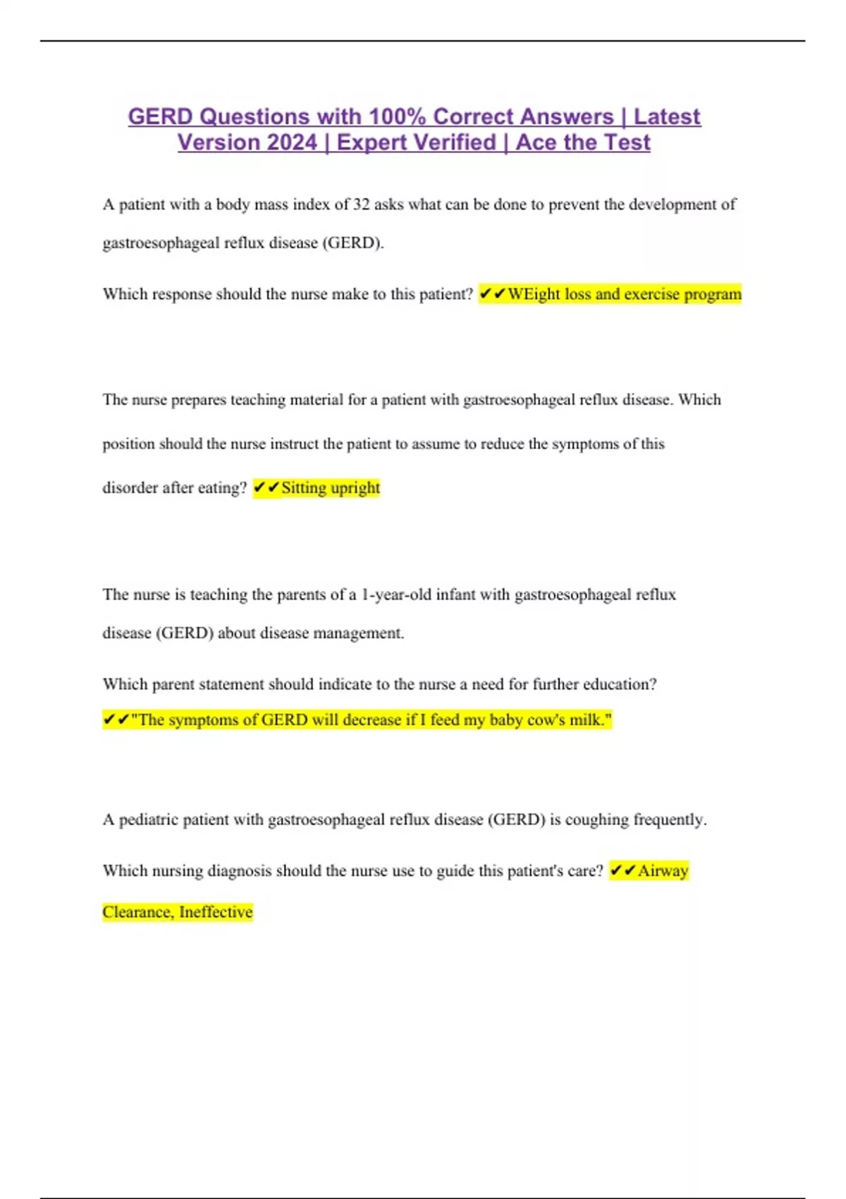 GERD Questions with 100% Correct Answers | Latest Version 2024 | Expert ...