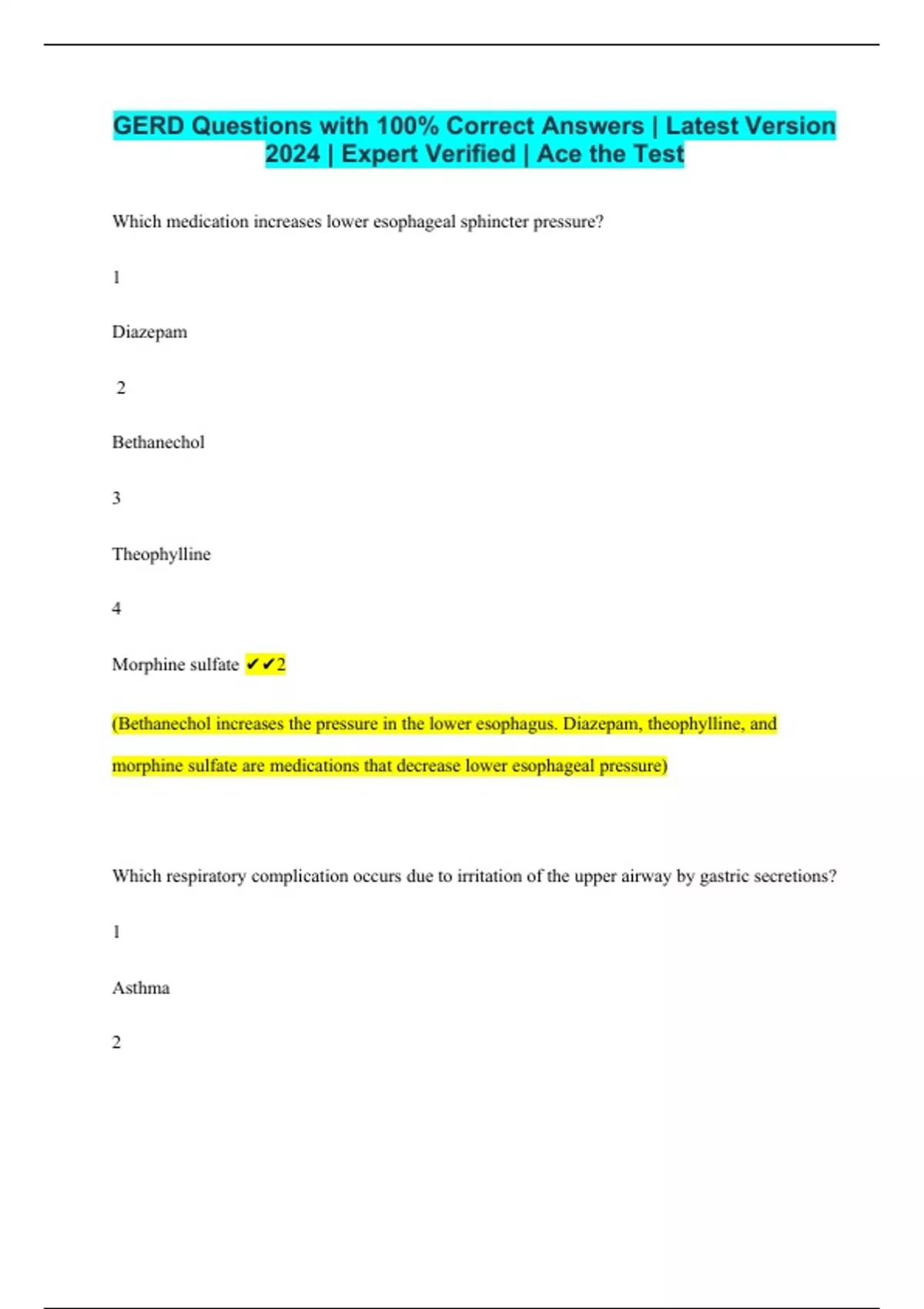 GERD Questions with 100% Correct Answers | Latest Version 2024 | Expert ...