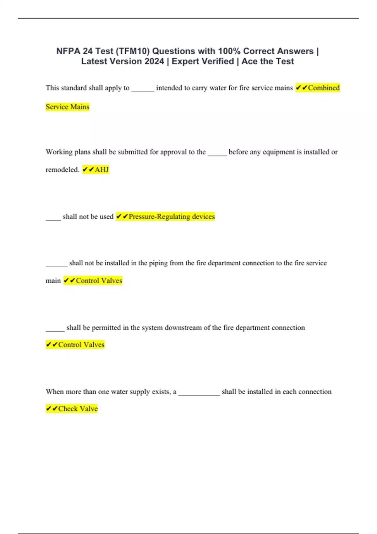 NFPA 24 Test (TFM10) Questions with 100% Correct Answers | Latest ...