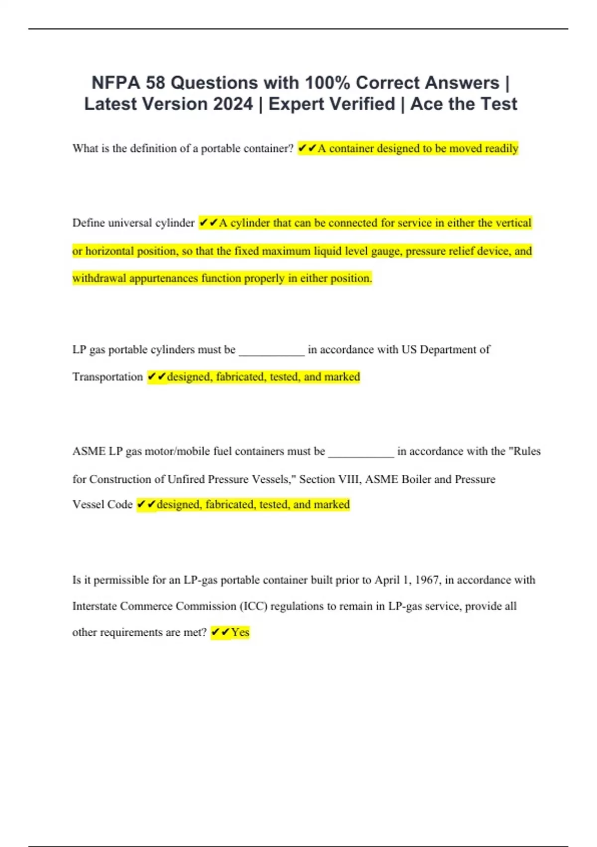 NFPA 58 Questions with 100% Correct Answers | Latest Version 2024 ...