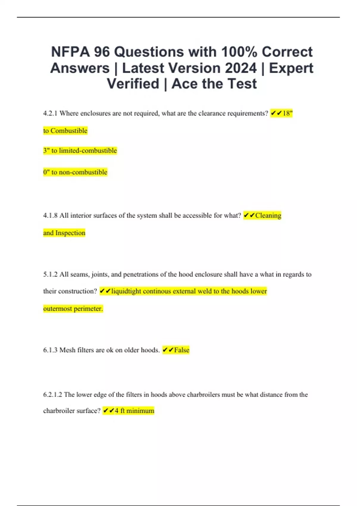 NFPA 96 Questions with 100% Correct Answers | Latest Version 2024 ...